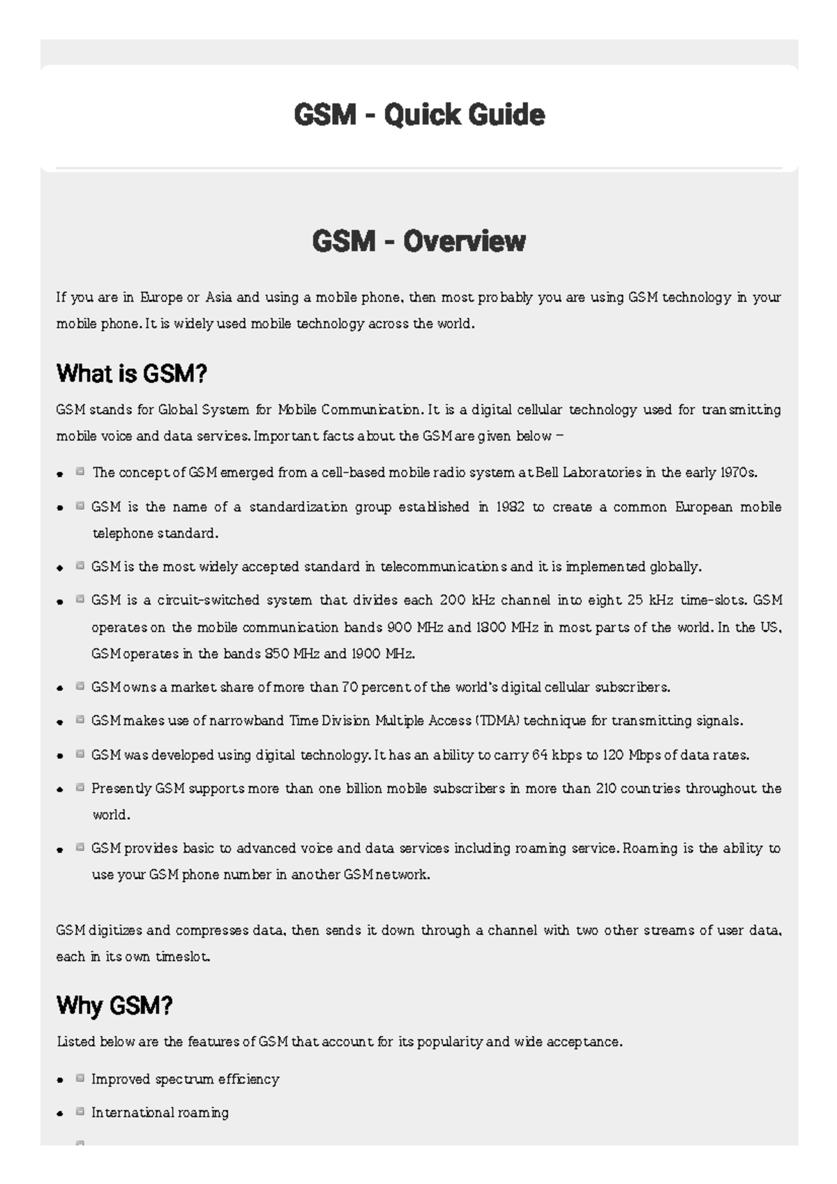 BSC CS GSM Quick Guide - GSM - Quick Guide GSM - Overview If you are in ...