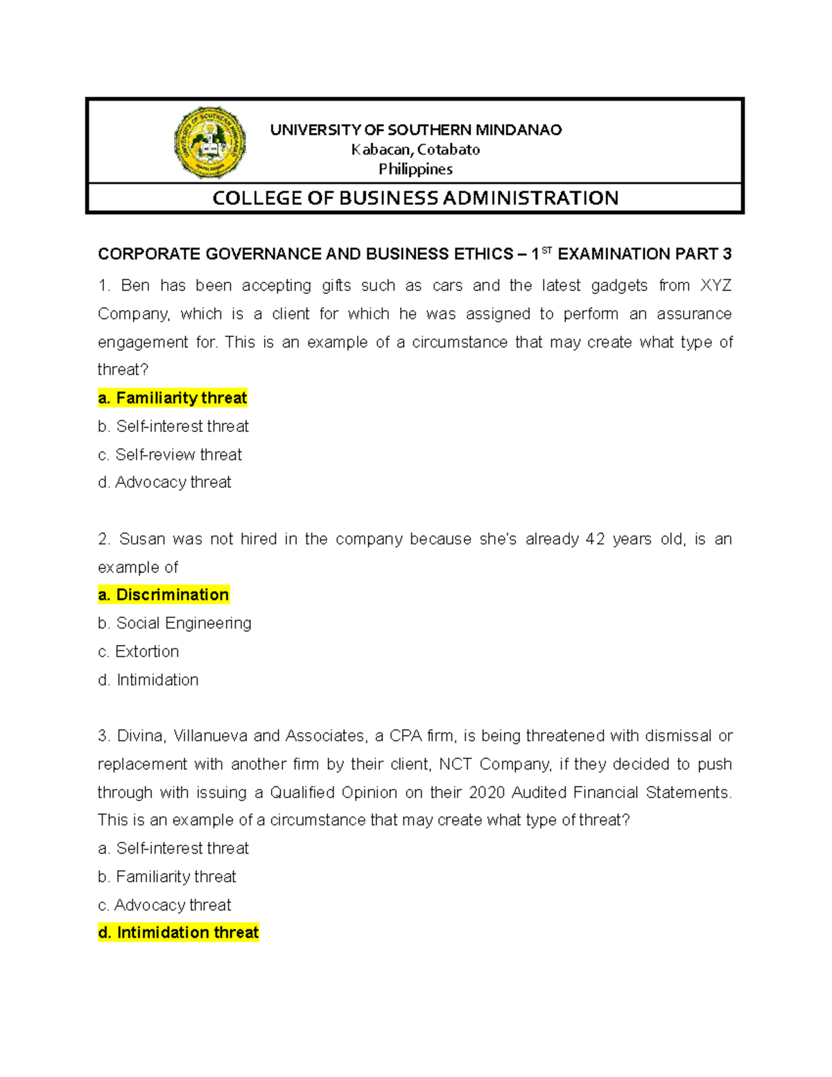 Corporate Governance AND Business Ethics – 1ST Examination PART 3 ...