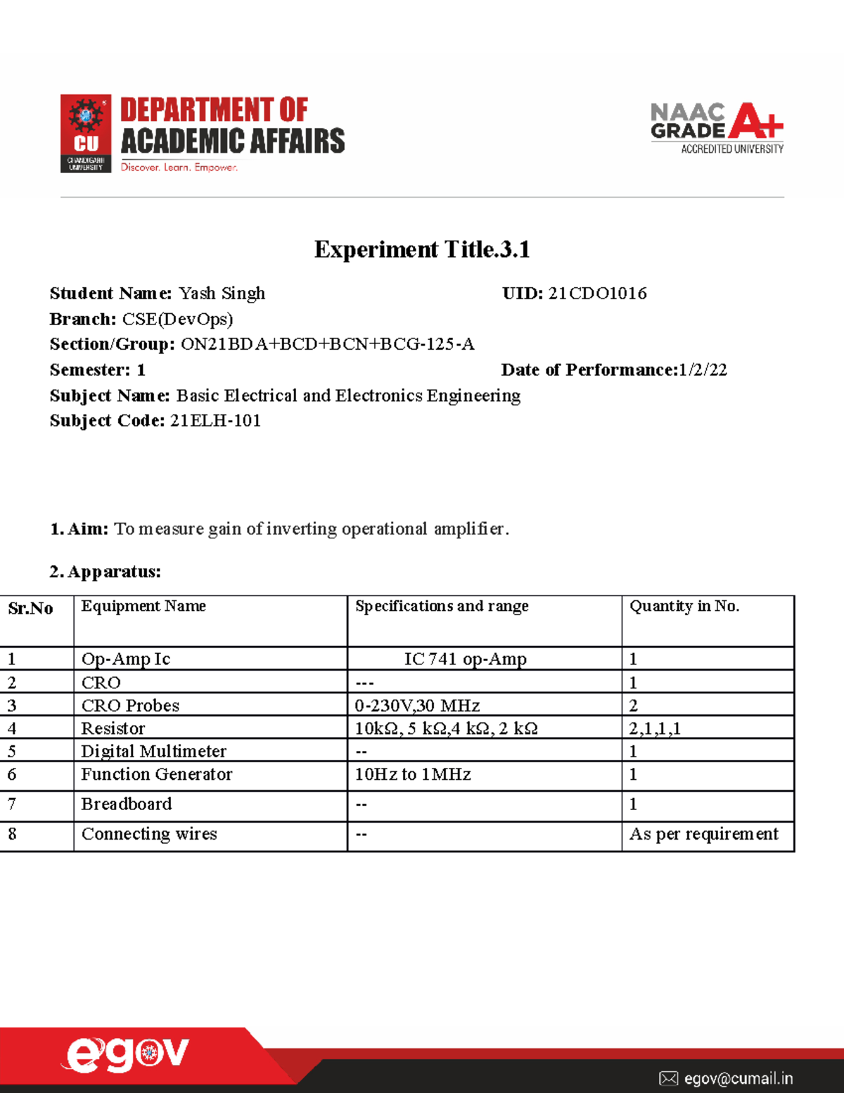Beee EXP 3.1converted - Experiment Title. Student Name: Yash Singh UID: 21CDO Branch: CSE(DevOps ...