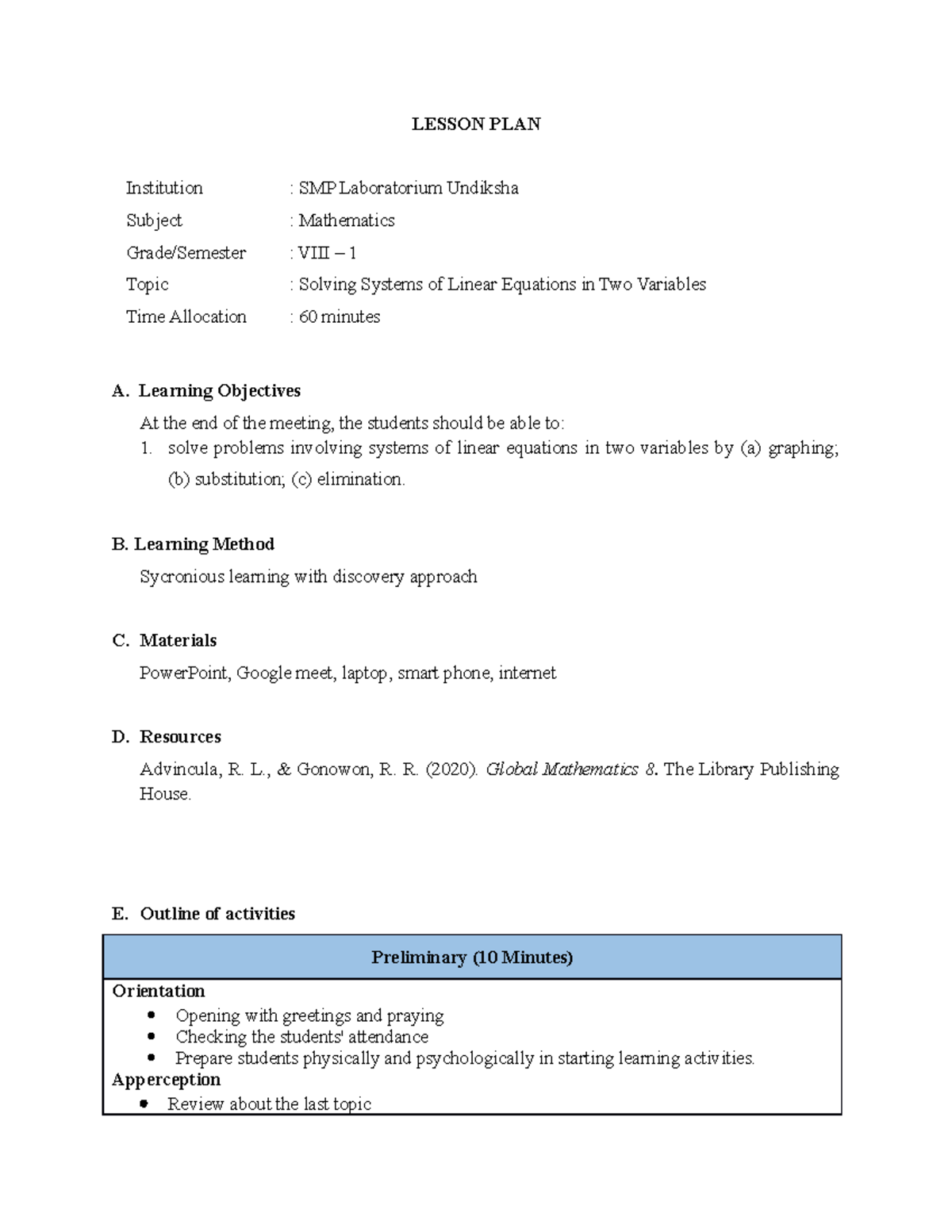 LP 4 - Solving Systems of Linear Equations - LESSON PLAN Institution ...