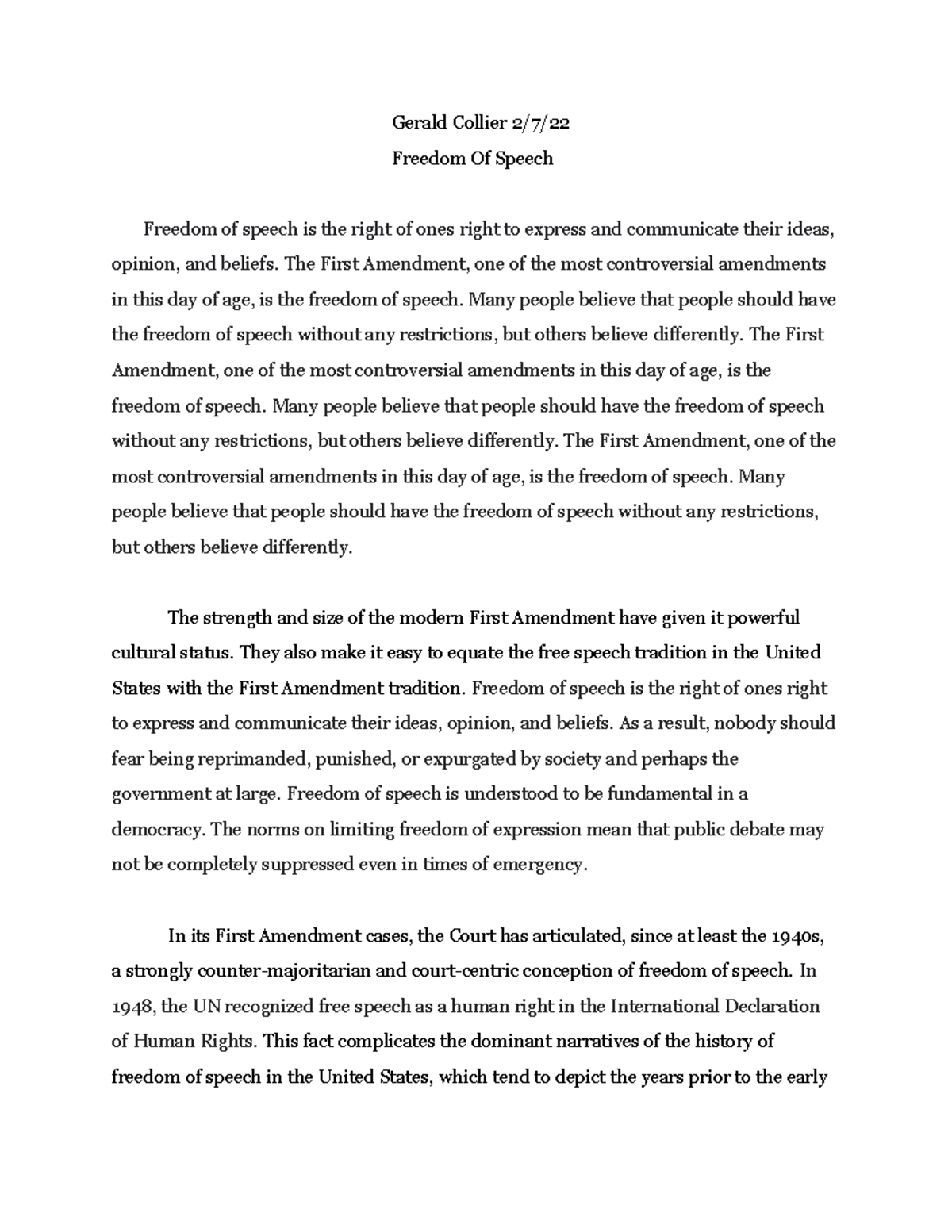 ESssay - jnhgtyuijh j - Gerald Collier 2/7/ Freedom Of Speech Freedom ...