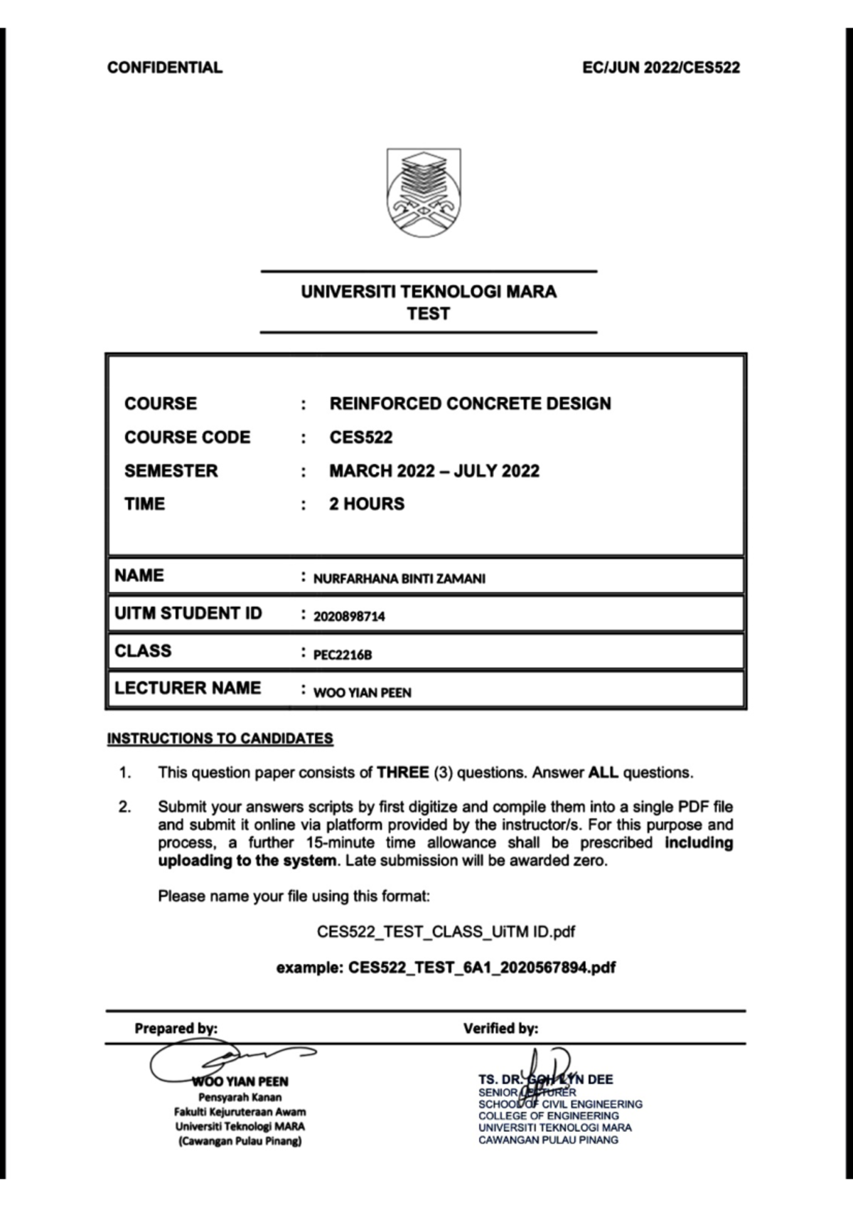 CES522 TEST 6B 2020898714 2 - Reinforced Concrete Design - Studocu