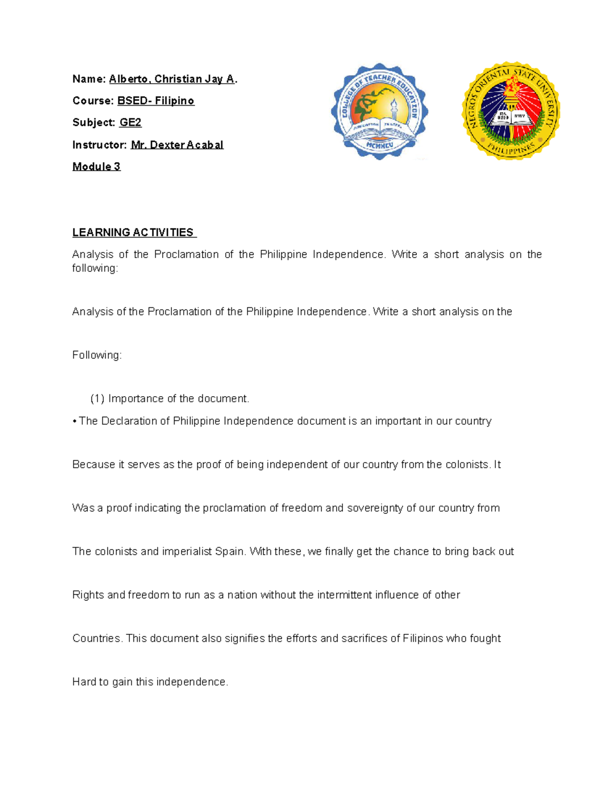 GE2 Arjelly Module 3 - Ge2 - Name: Alberto, Christian Jay A. Course: BSED- Filipino Subject: GE ...