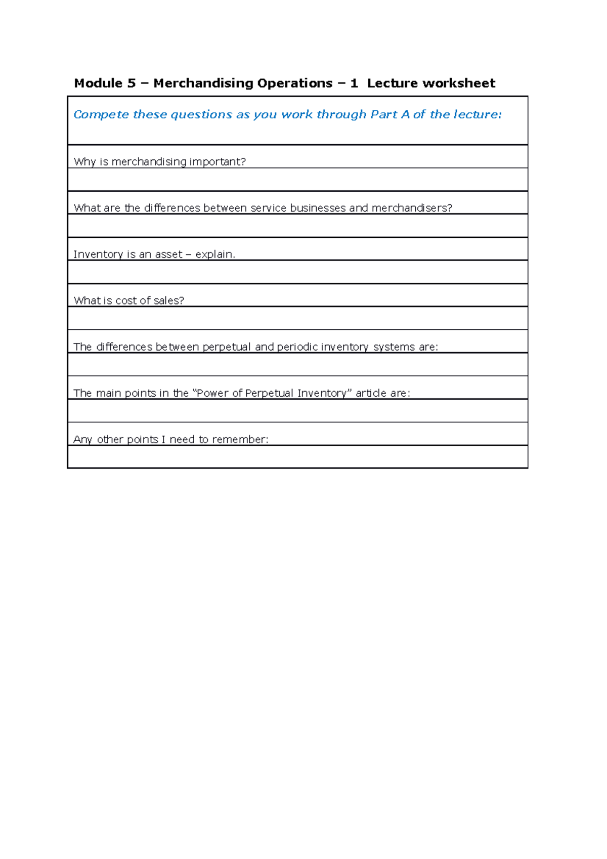 Module 5 Lecture worksheet copy - Module 5 – Merchandising Operations ...