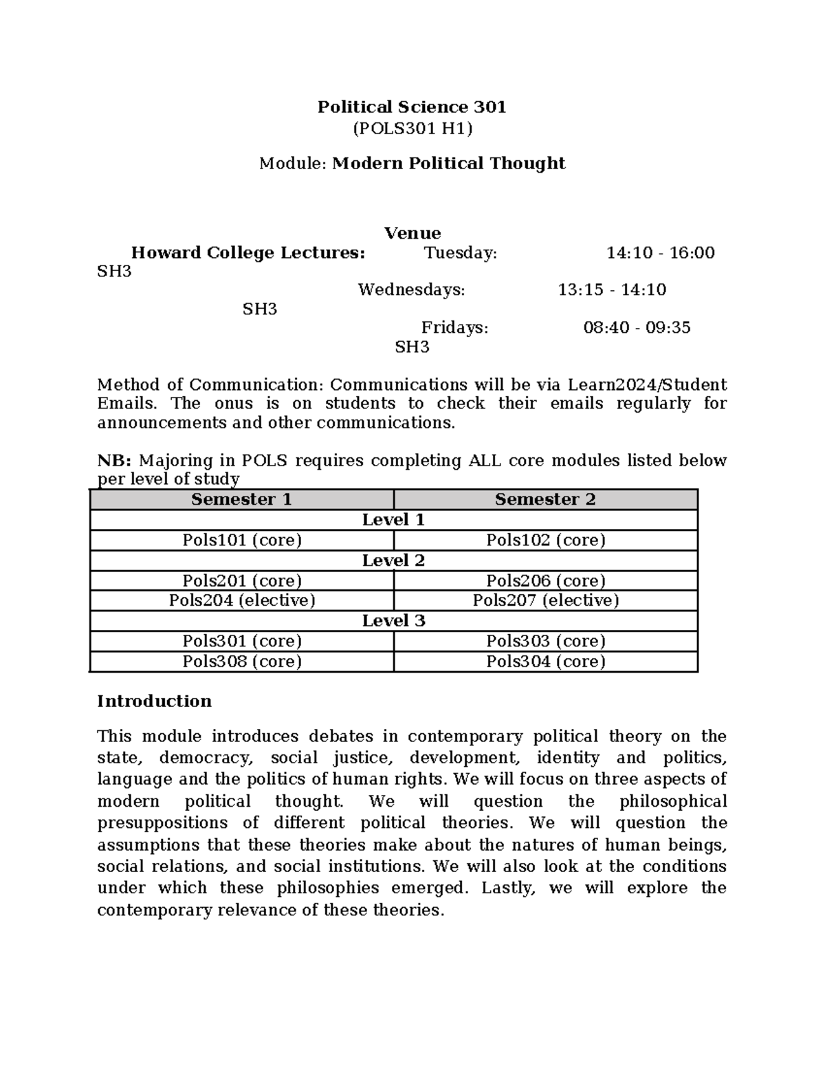 POLS301 Course Outline - Political Science 301 (POLS301 H1) Module ...