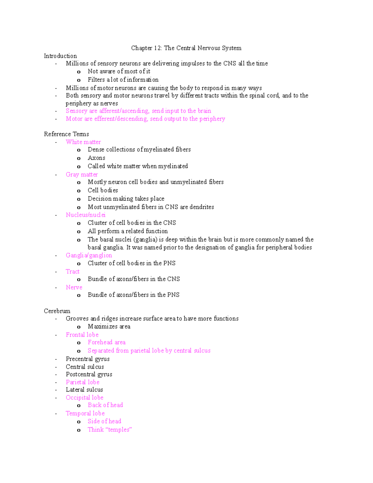 Chapter 12 notes - Chapter 12: The Central Nervous System Introduction ...