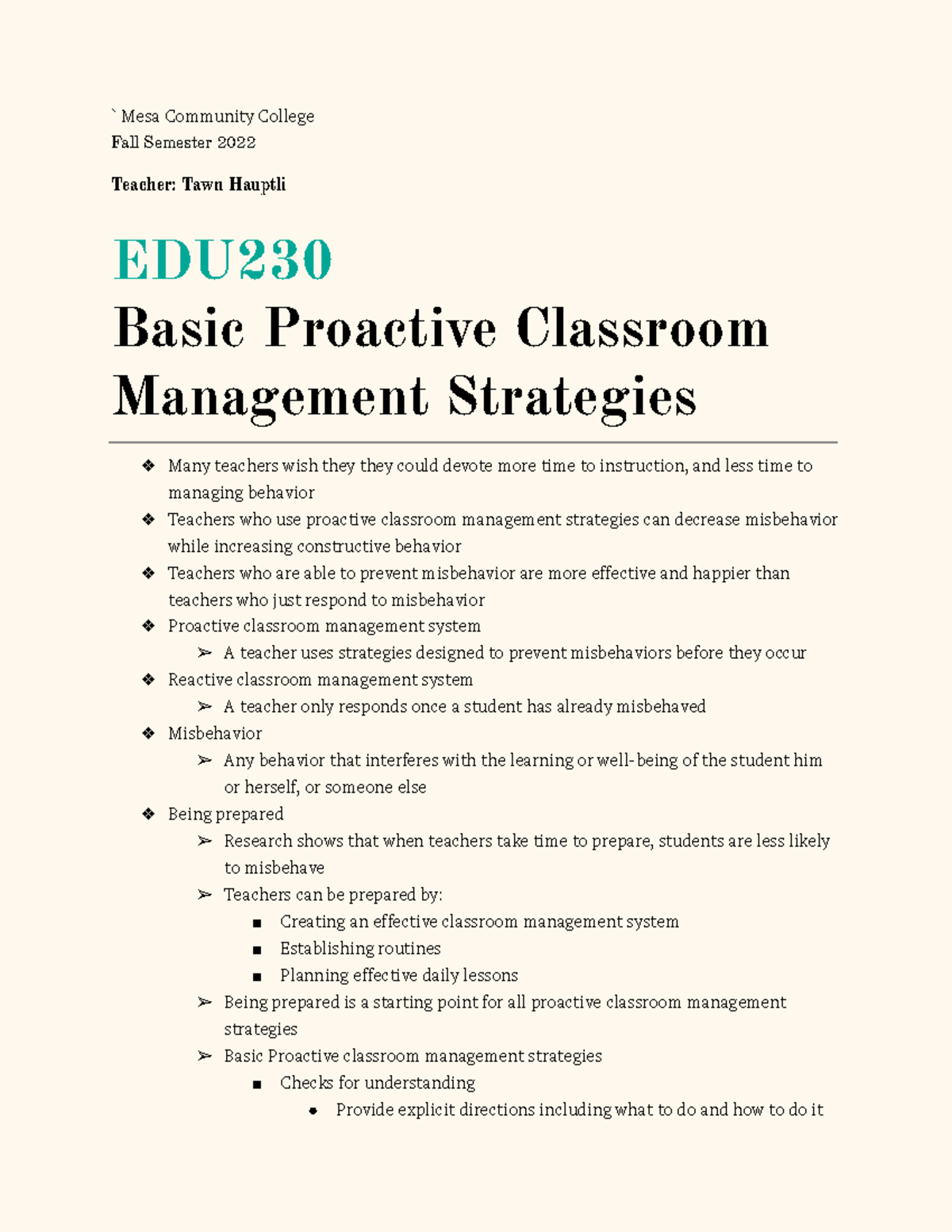 Inspire 65 Notes Corresponding To Basic Proactive Classroom