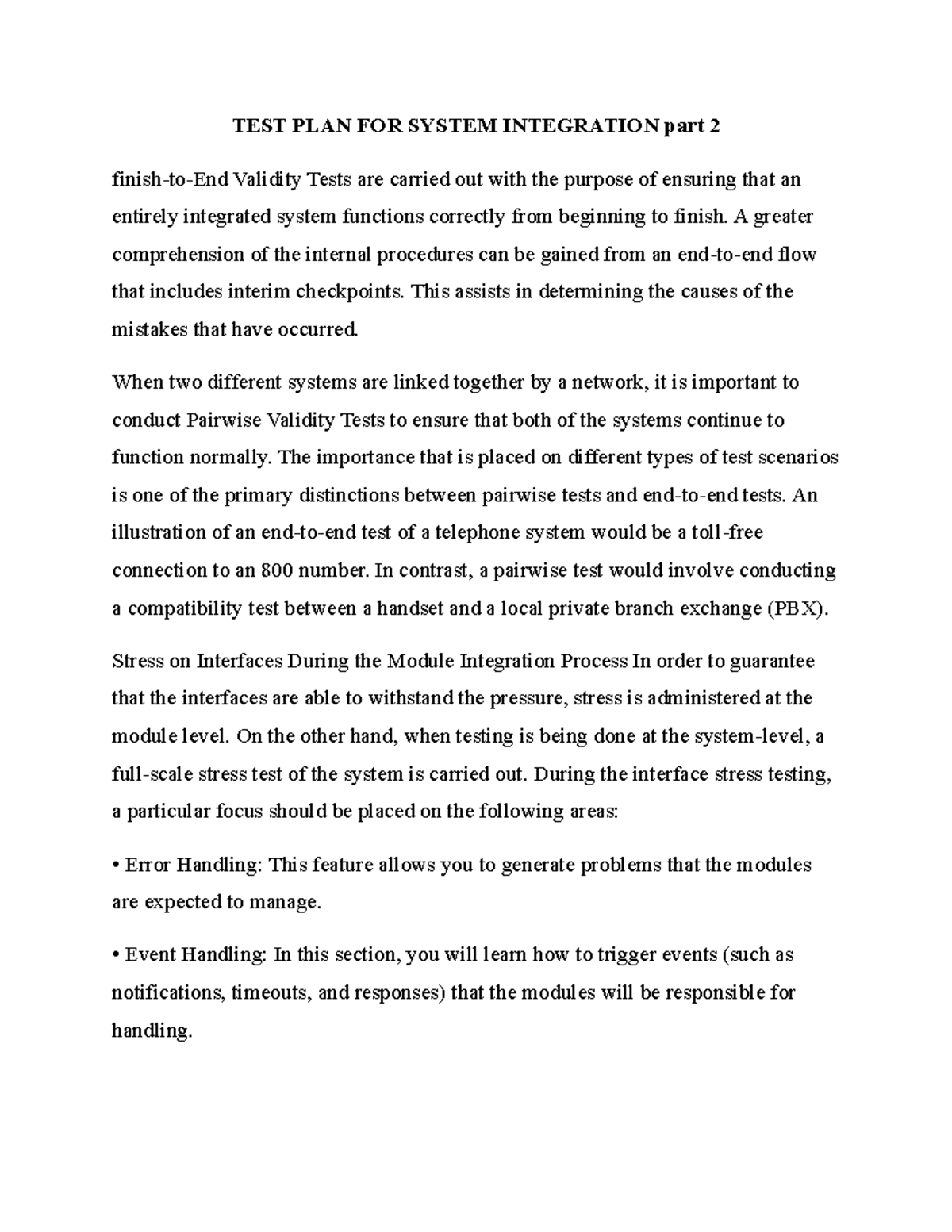 TEST PLAN FOR System Integration part 2 - TEST PLAN FOR SYSTEM ...