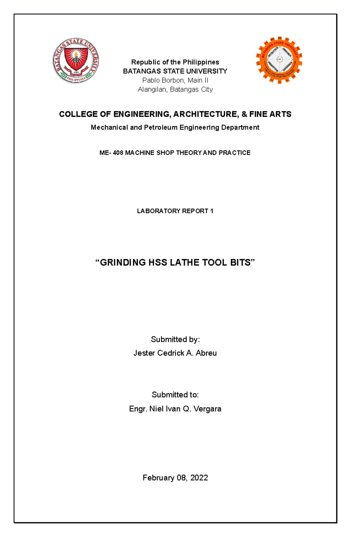 Laboratory Report 1 Abreu - Republic of the Philippines BATANGAS STATE ...