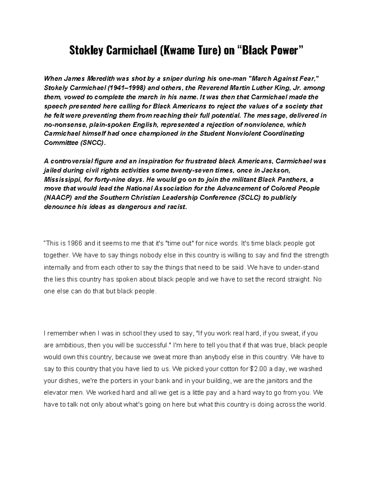 Stokley Carmichael on Black Power - Stokley Carmichael (Kwame Ture) on ...