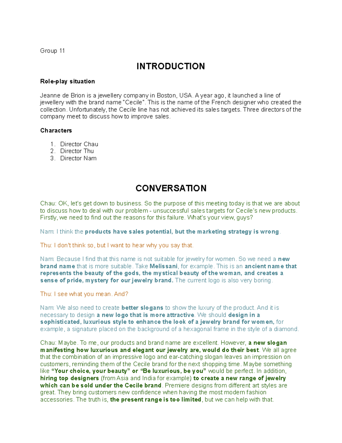 Handout group 11 - Group 11 INTRODUCTION Role-play situation Jeanne de Brion is a jewellery ...