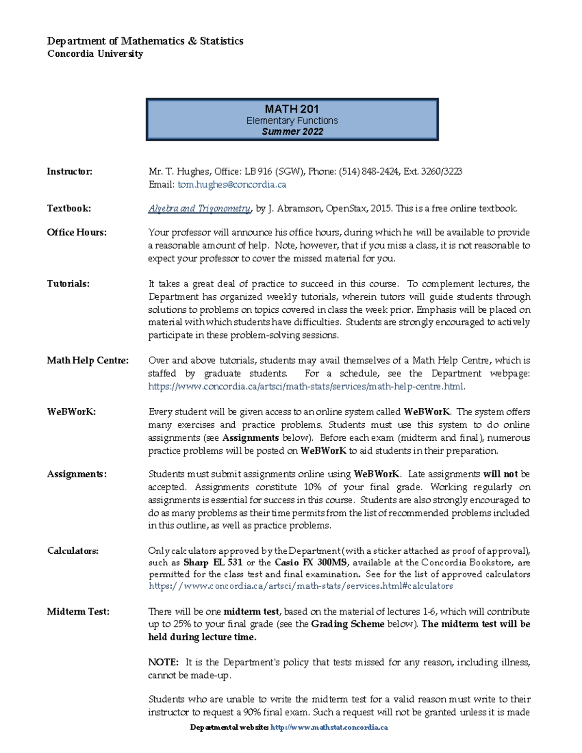 MATH201 1 22 - Course outline - Departmental website: mathstat ...