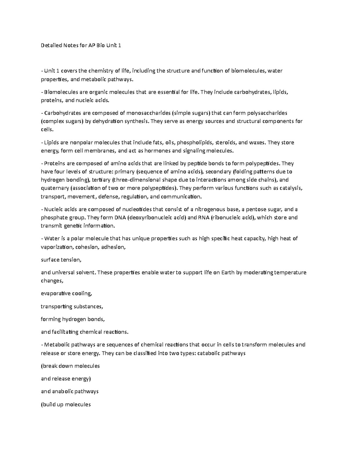 Unit 1 - Class Notes - Detailed Notes for AP Bio Unit 1 Unit 1 covers ...