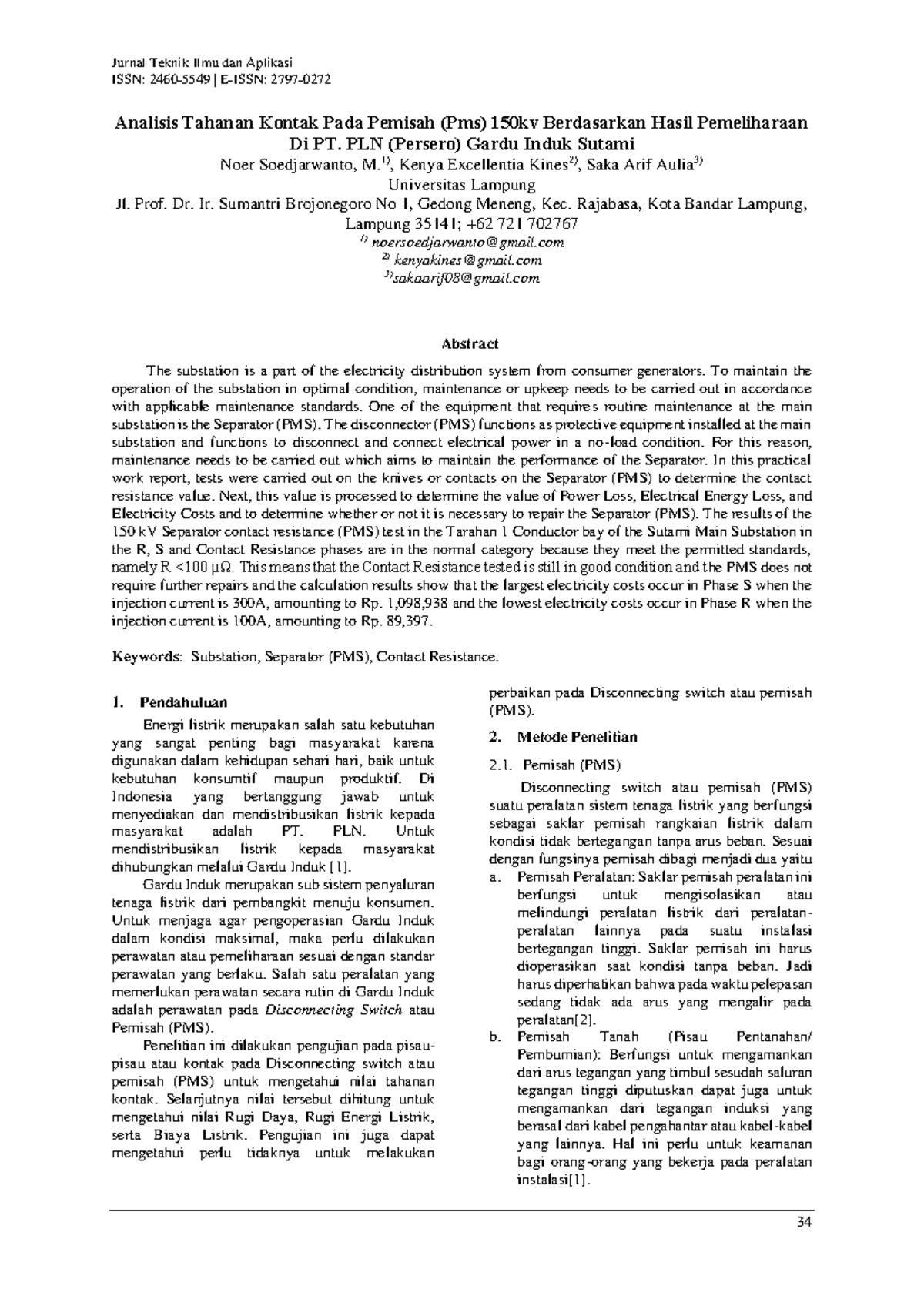02 - teknik - ISSN: 2460-5549 | E-ISSN: 2797- 0272 Analisis Tahanan Kontak Pada Pemisah (Pms ...