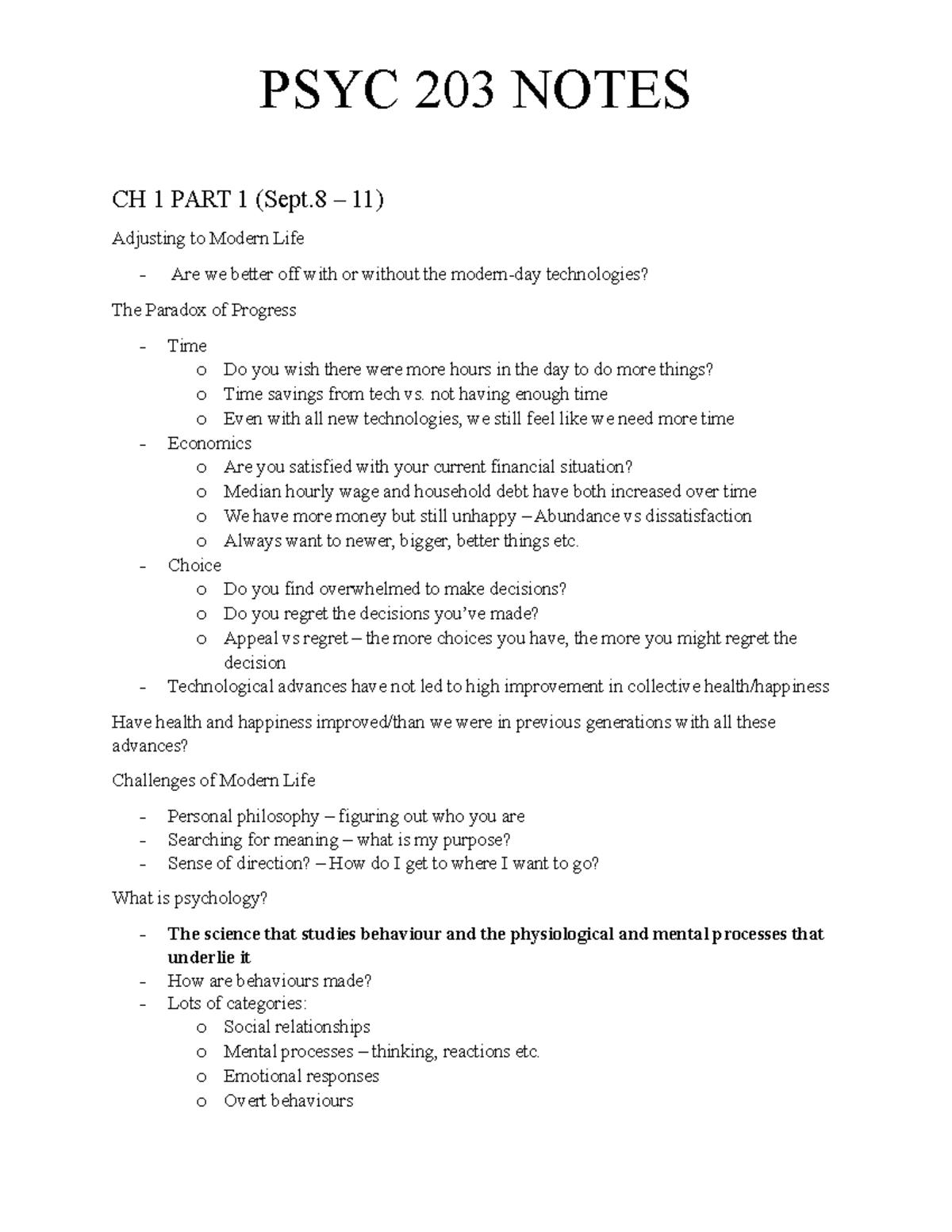 PSYC Notes - prof sarah thackray - CH 1 PART 1 (Sept – 11) Adjusting to ...