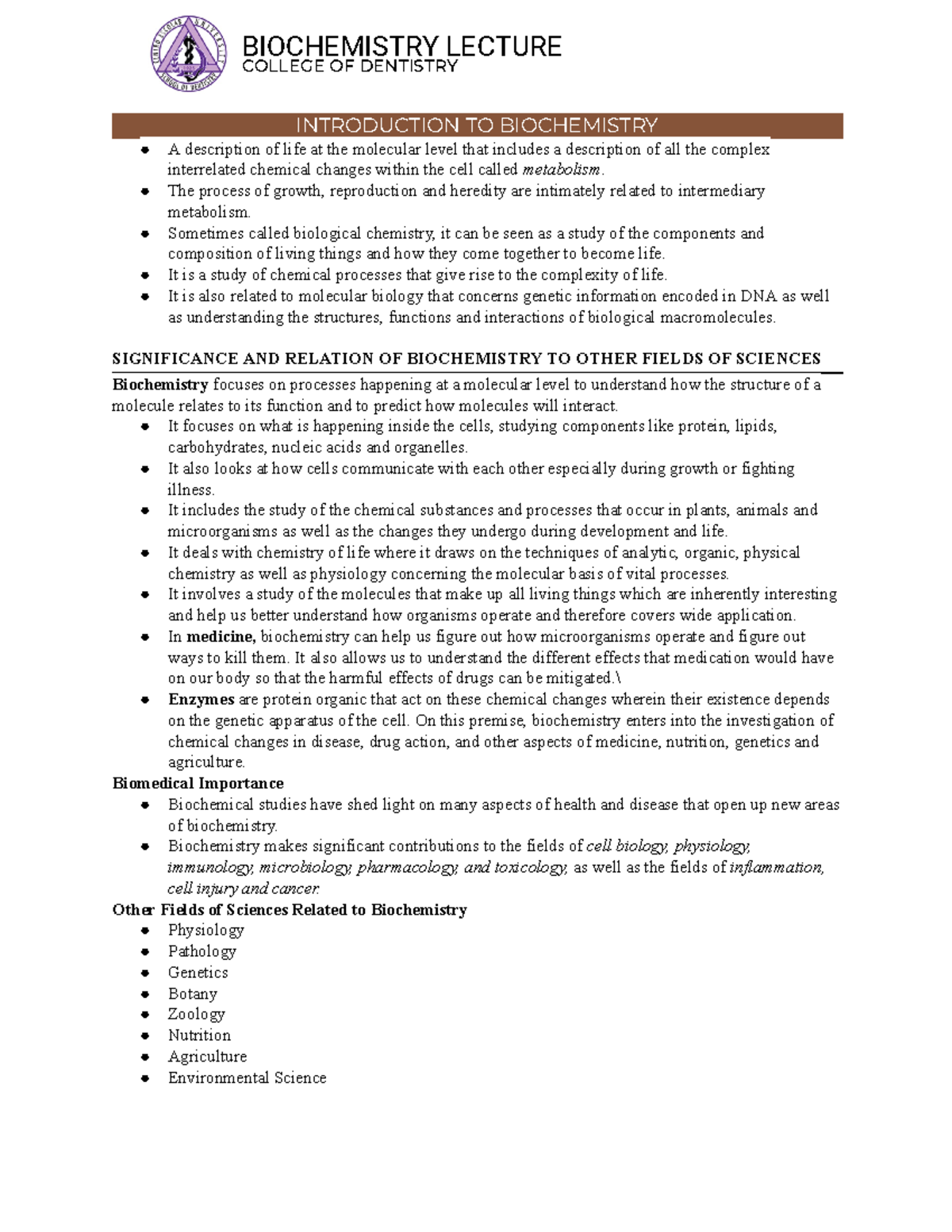 Biochem Lecture - COLLEGE OF DENTISTRY INTRODUCTION TO BIOCHEMISTRY A ...
