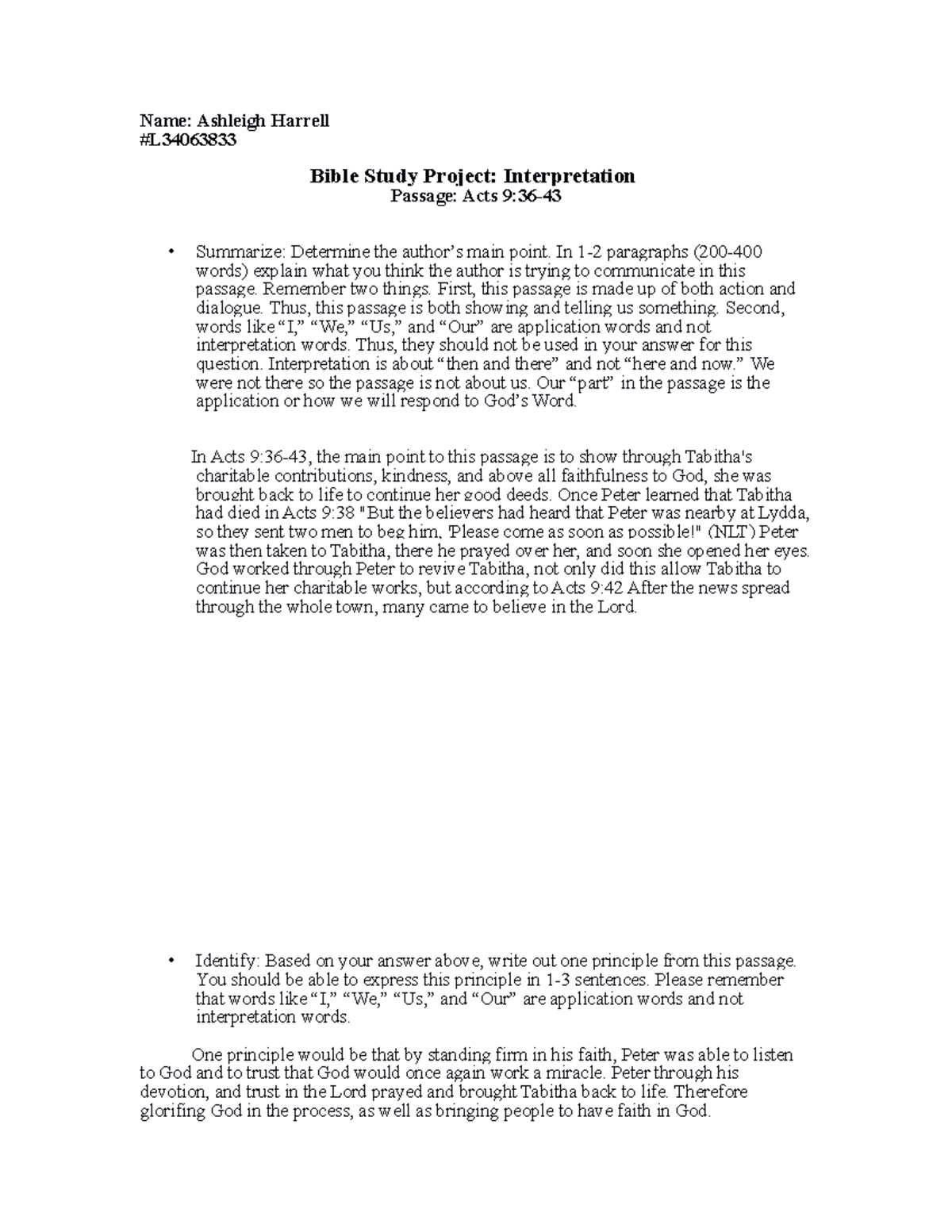 Bible Study Project Interpretation Bible 104 - Name: Ashleigh Harrell # ...