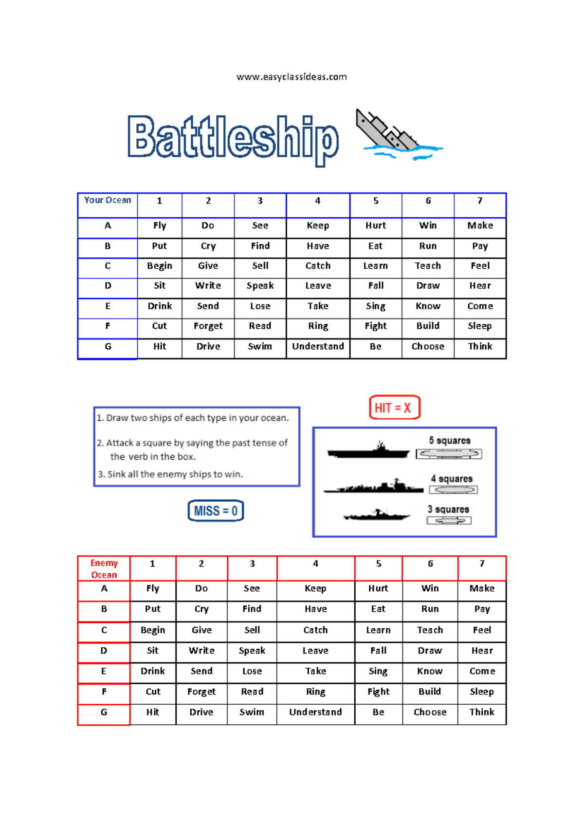 Battleship Iregular Verbs - easyclassideas Your Ocean 1 2 3 4 5 6 A Fly ...
