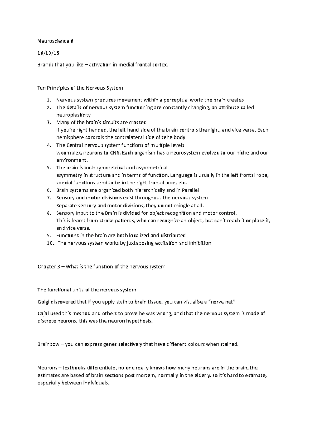 Ten Principles of the Nervous System - Neuroscience 6 16/10/15 Brands ...