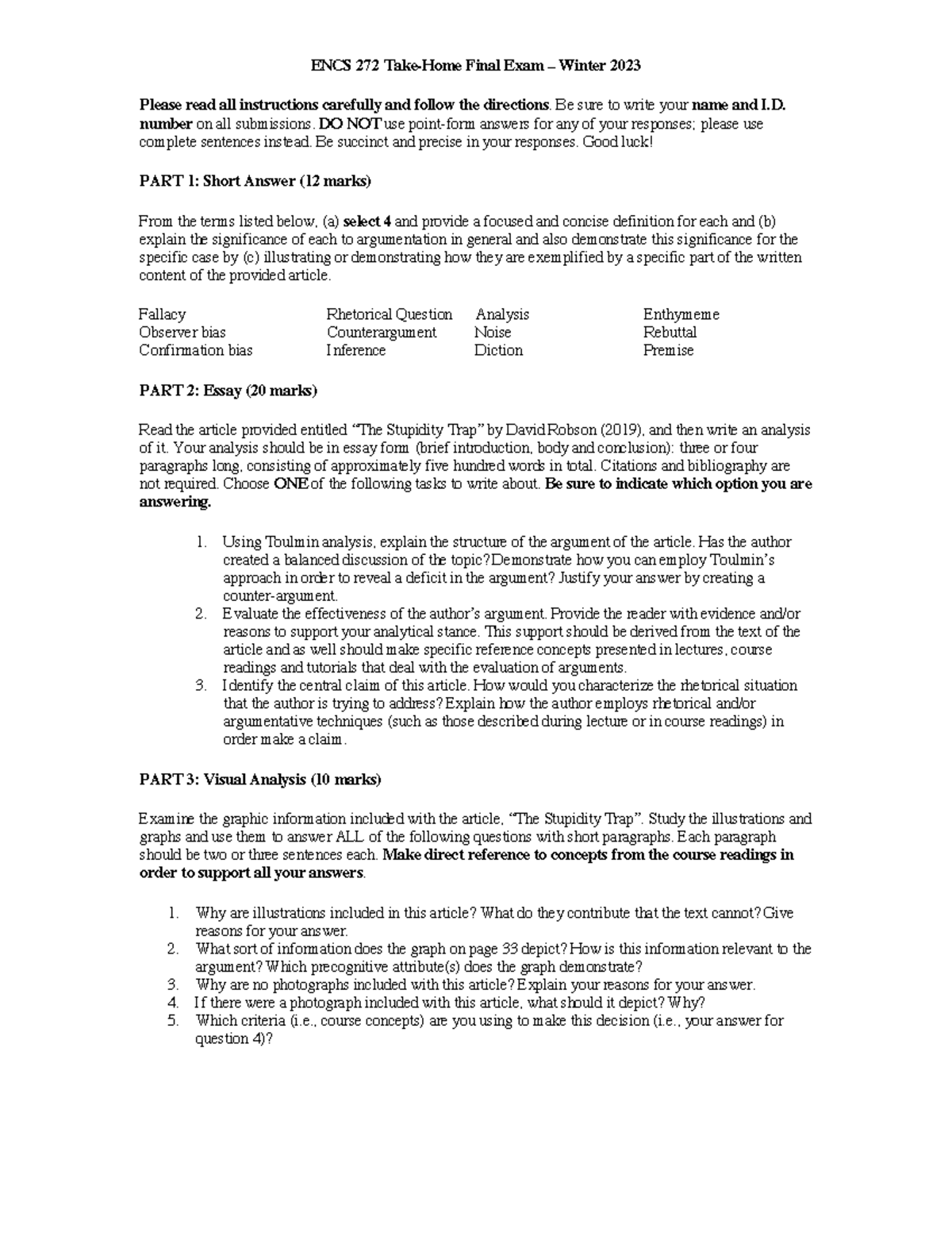 ENCS 272 Final Exam Winter 2023 - ENCS 272 Take-Home Final Exam ...