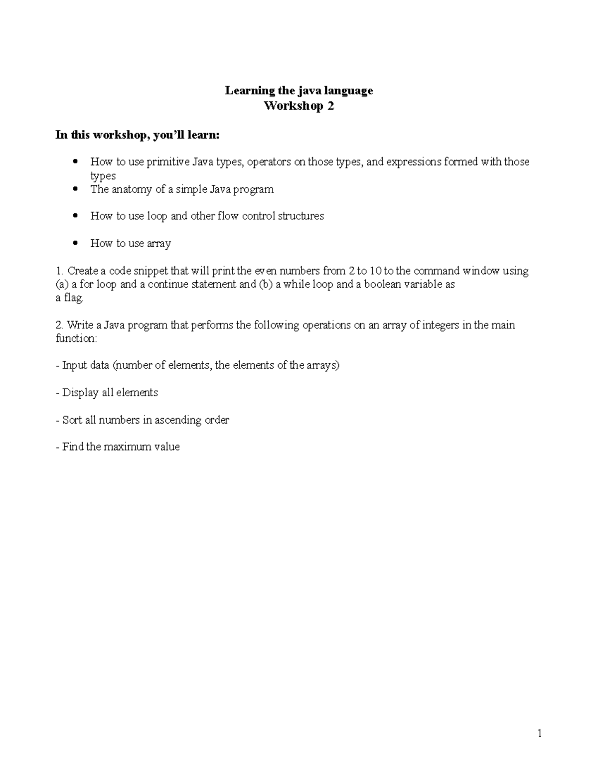 Workshop 02 - Lol - Learning the java language Workshop 2 In this ...