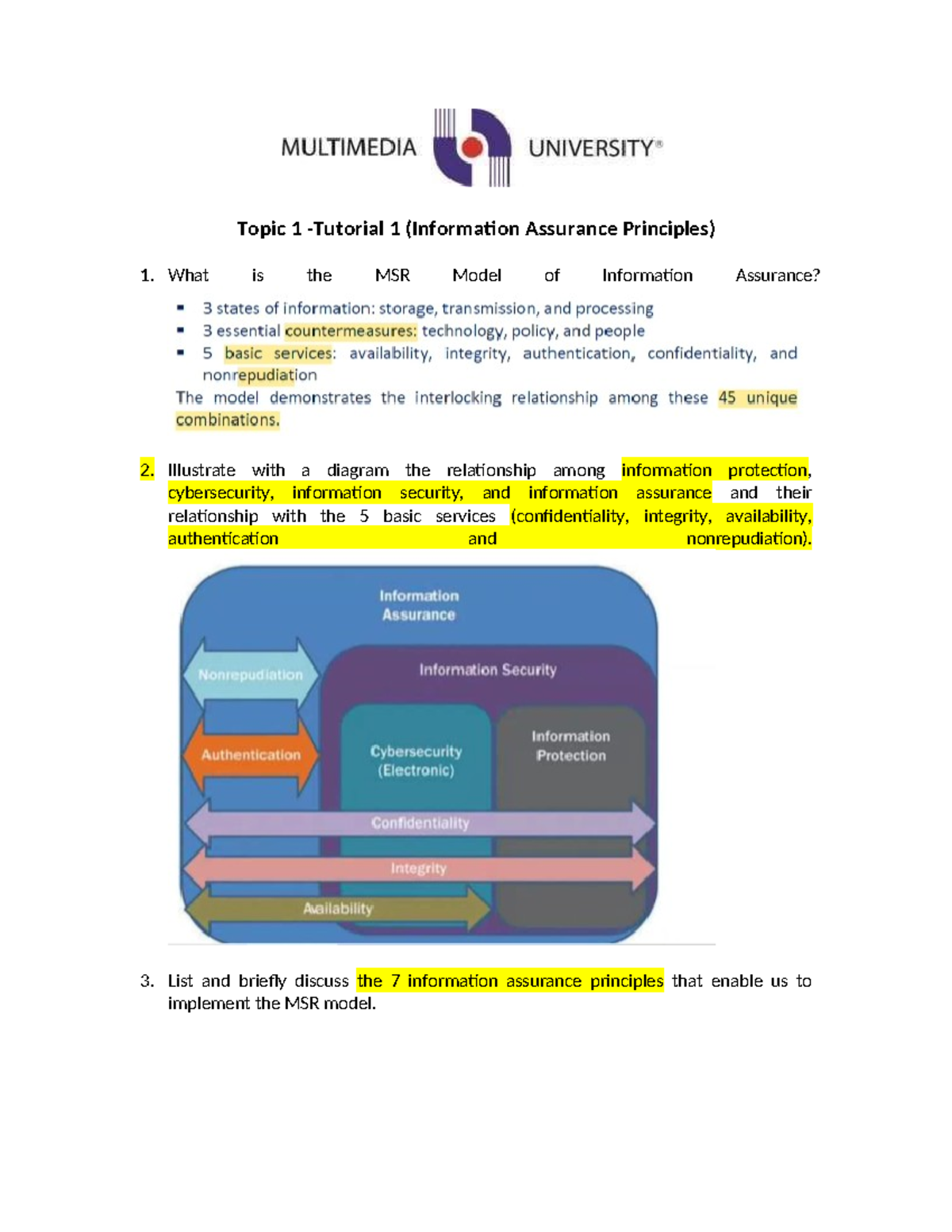 Tutorial 1 (Topic 1) - Information Assurance Principles Questions - Topic 1 -Tutorial 1 ...