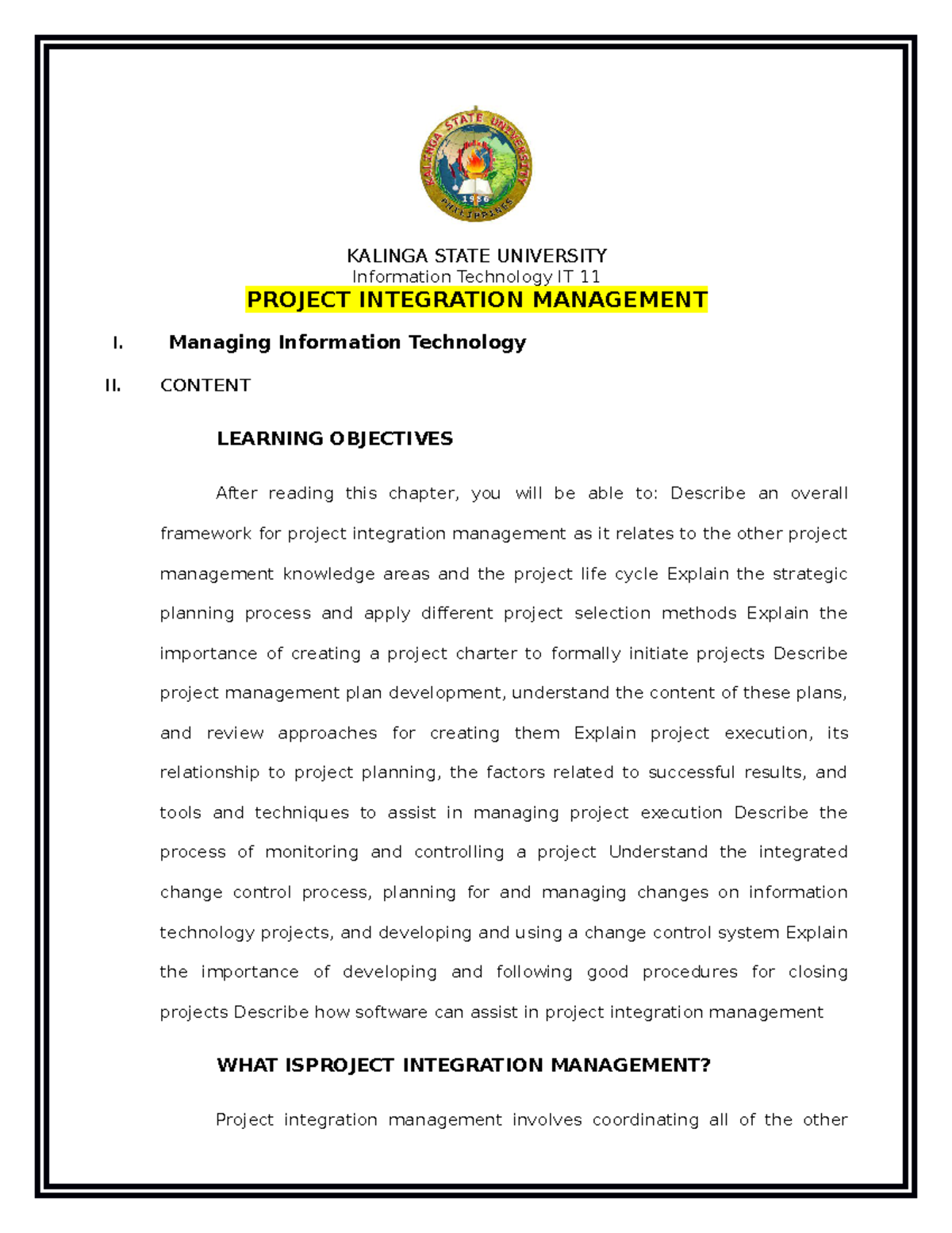 Project Integration Management - KALINGA STATE UNIVERSITY Information ...