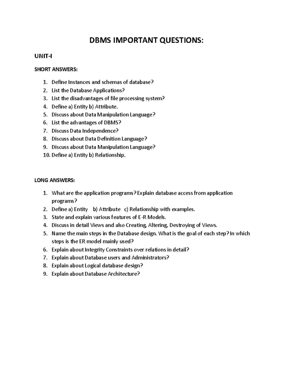 II IIR18 IT DBMS - DBMS IMPORTANT QUESTIONS: UNIT-I SHORT ANSWERS: Define Instances and schemas ...
