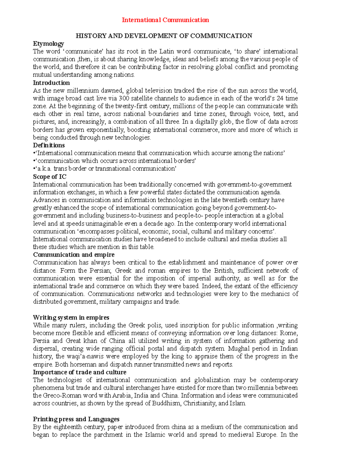 International Communication - International Communication HISTORY AND ...