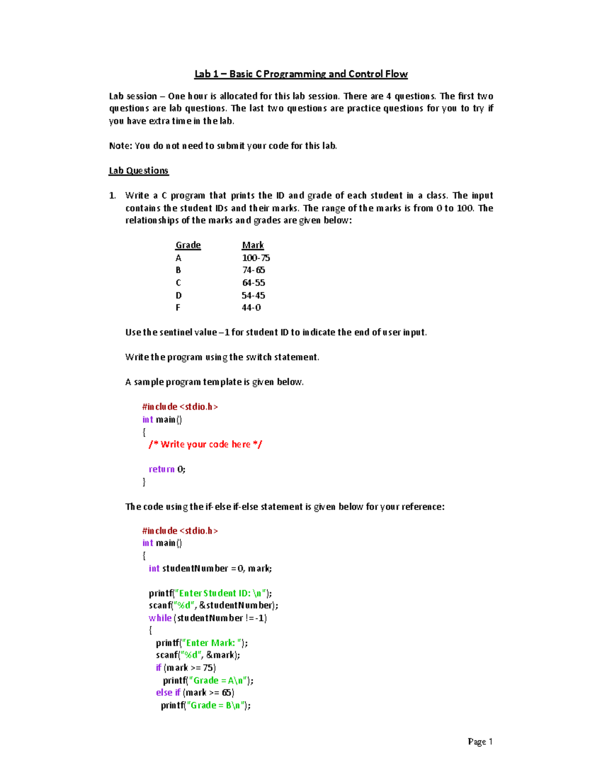 Lab 1 Basic C And Control Flow Lab 1 Basic C Programming And 