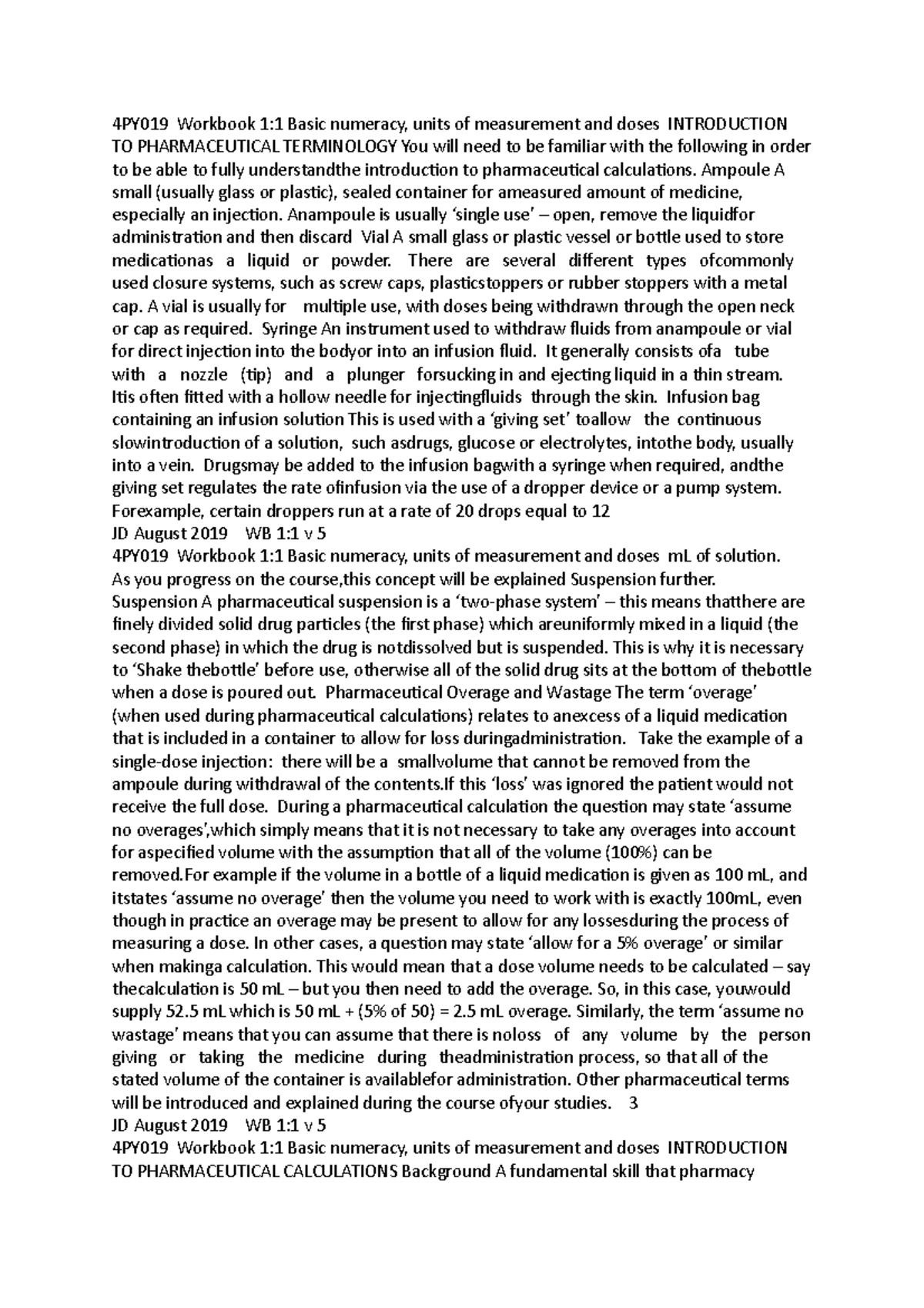 Pharmacy notes 21 - 4PY019 Workbook 1:1 Basic numeracy, units of ...