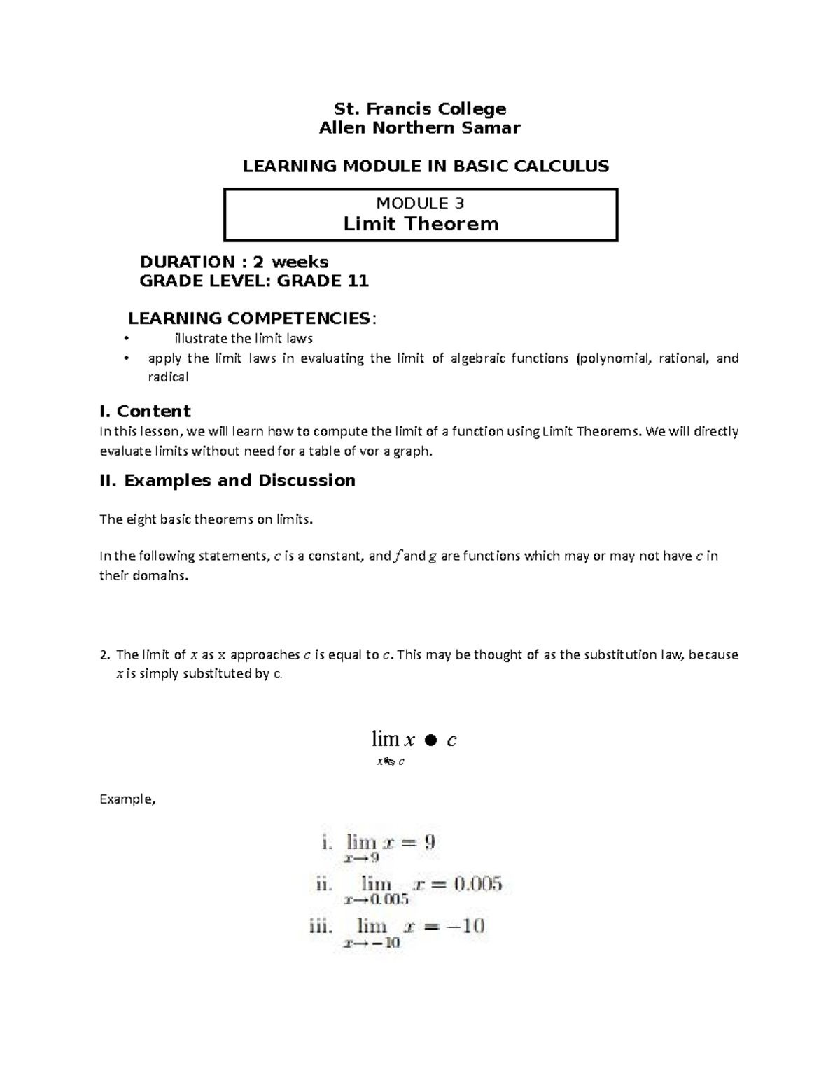 Basic cal M3-4 (2- weeks) - St. Francis College Allen Northern Samar ...