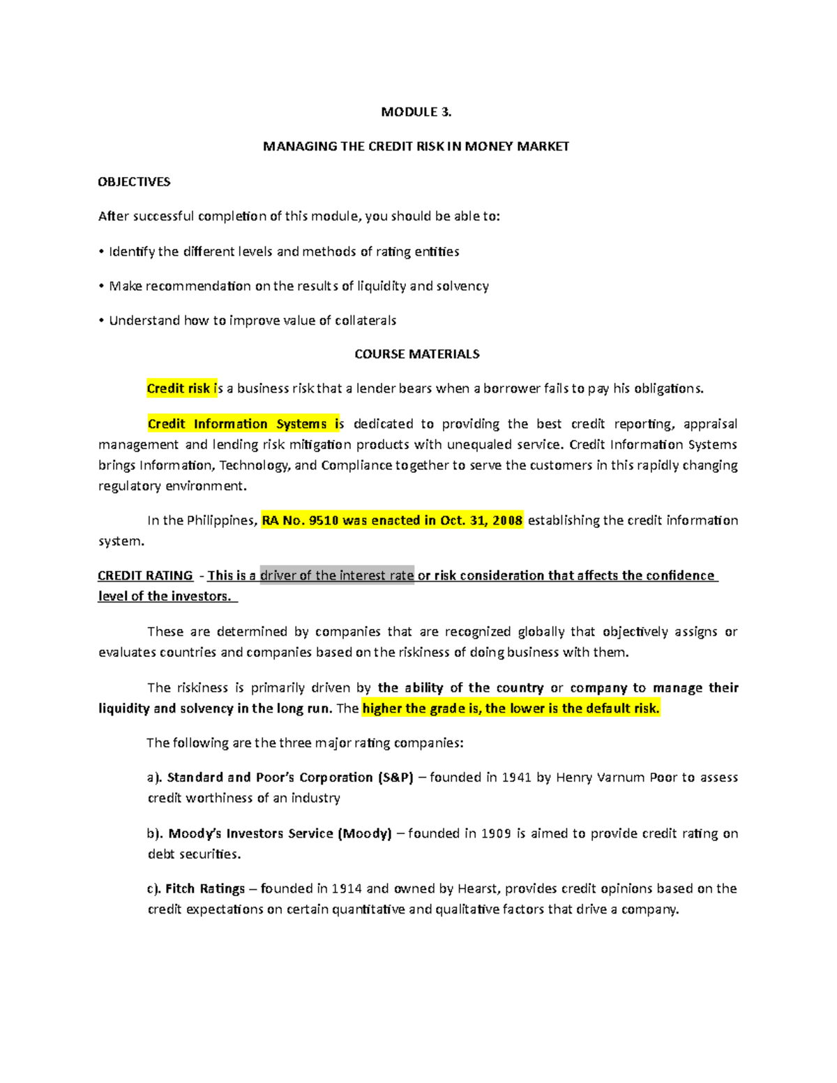 Module 3 in Financial Markets - MODULE 3. MANAGING THE CREDIT RISK IN ...