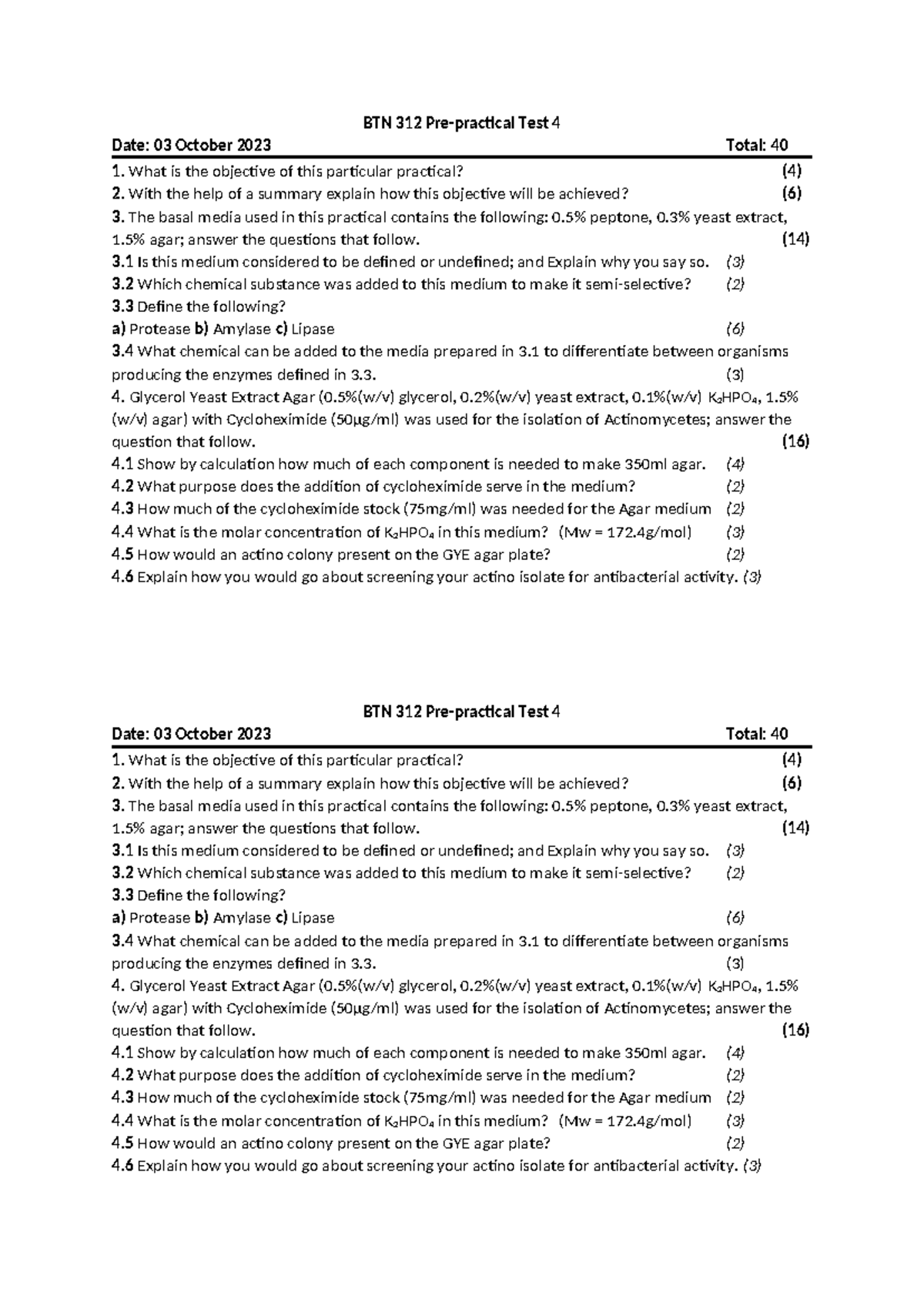 Prepractical Test 4 - preprac - BTN 312 Pre-practical Test 4 Date: 03 ...