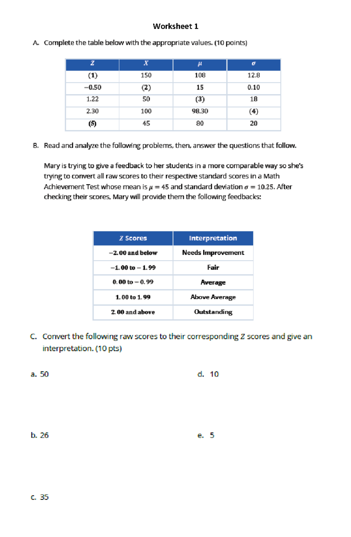 Lesson 1 Worksheet Conversion of Normal Random Variable to Standard ...