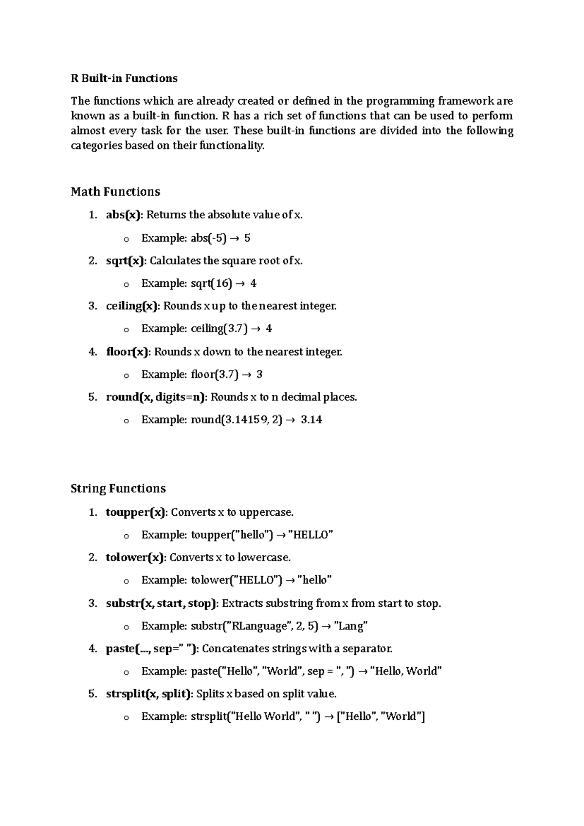 Notes on R Programming - R Built-in Functions The functions which are ...