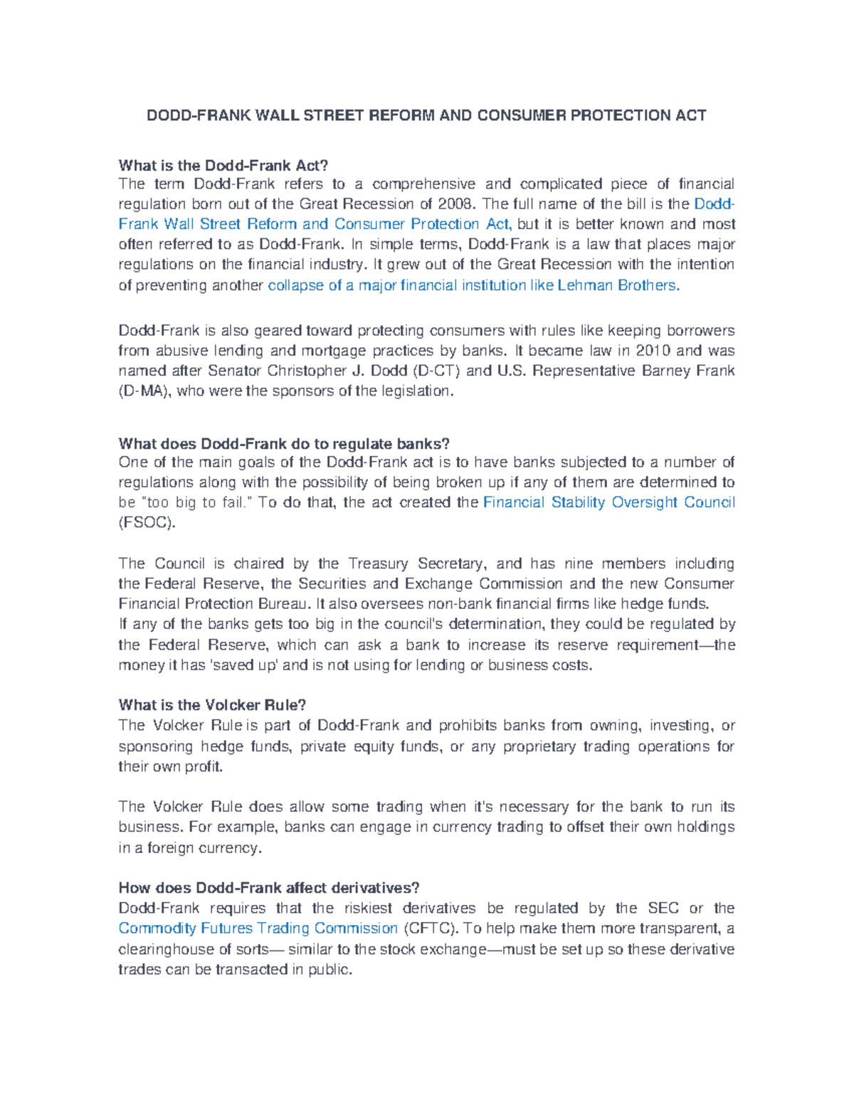 Extra 1 - Dodd Frank Summary - DODD-FRANK WALL STREET REFORM AND ...