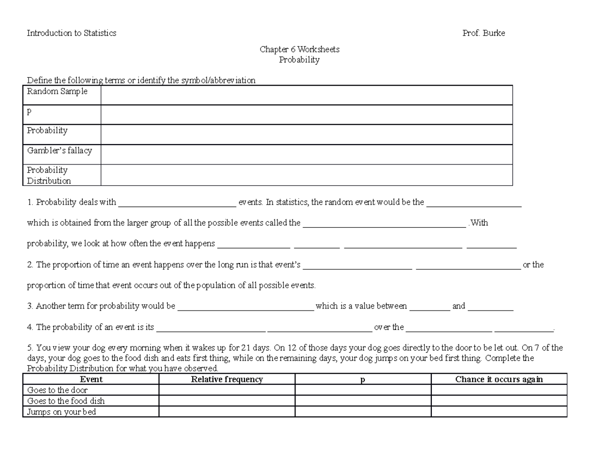 Chapter 6 Worksheets - notes - Chapter 6 Worksheets Probability Define ...