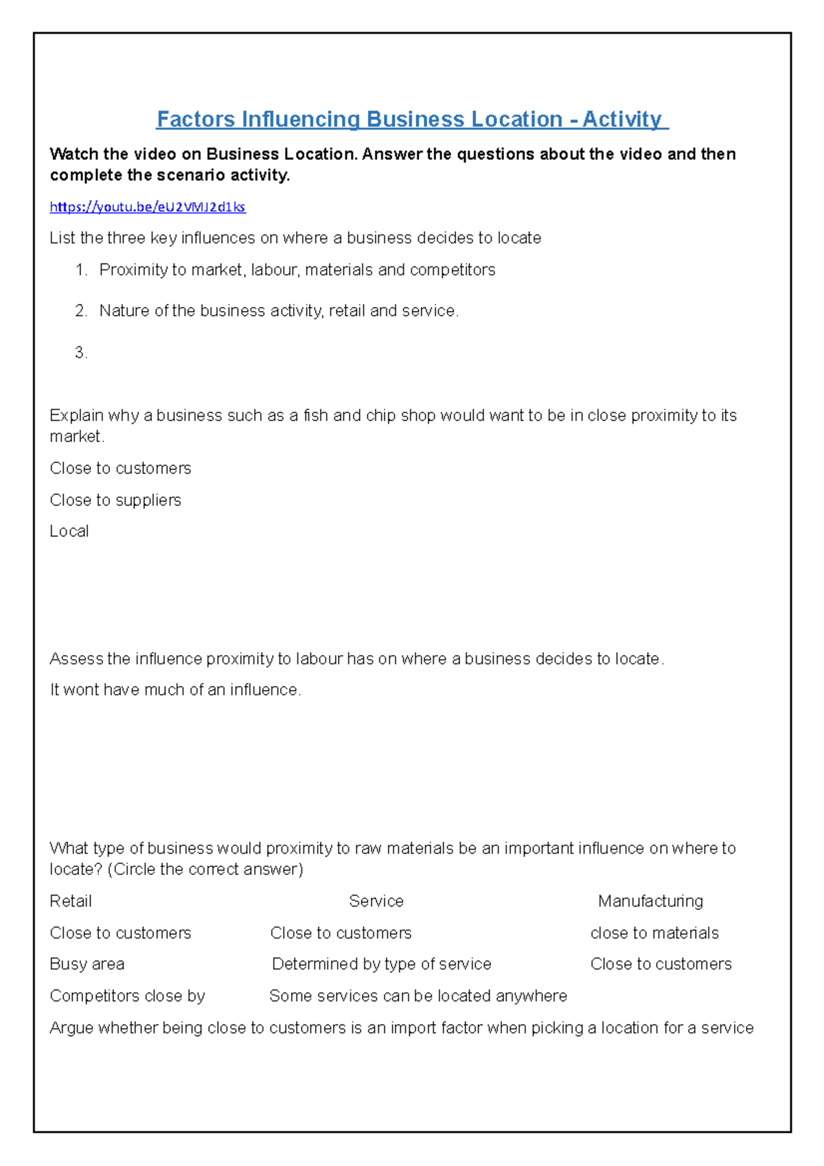 Business Location Activity Sheet Hugo - Factors Influencing Business ...