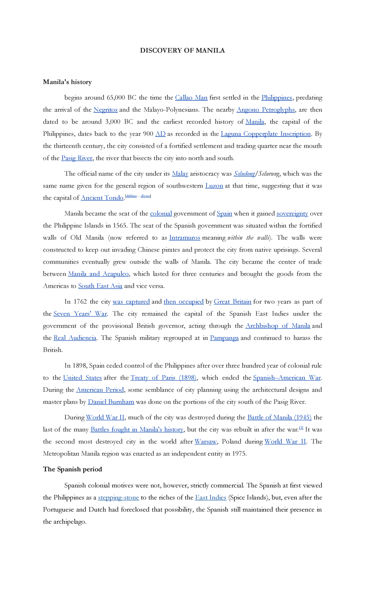 3 Manila Studies - The discovery of Manila - DISCOVERY OF MANILA Manila ...
