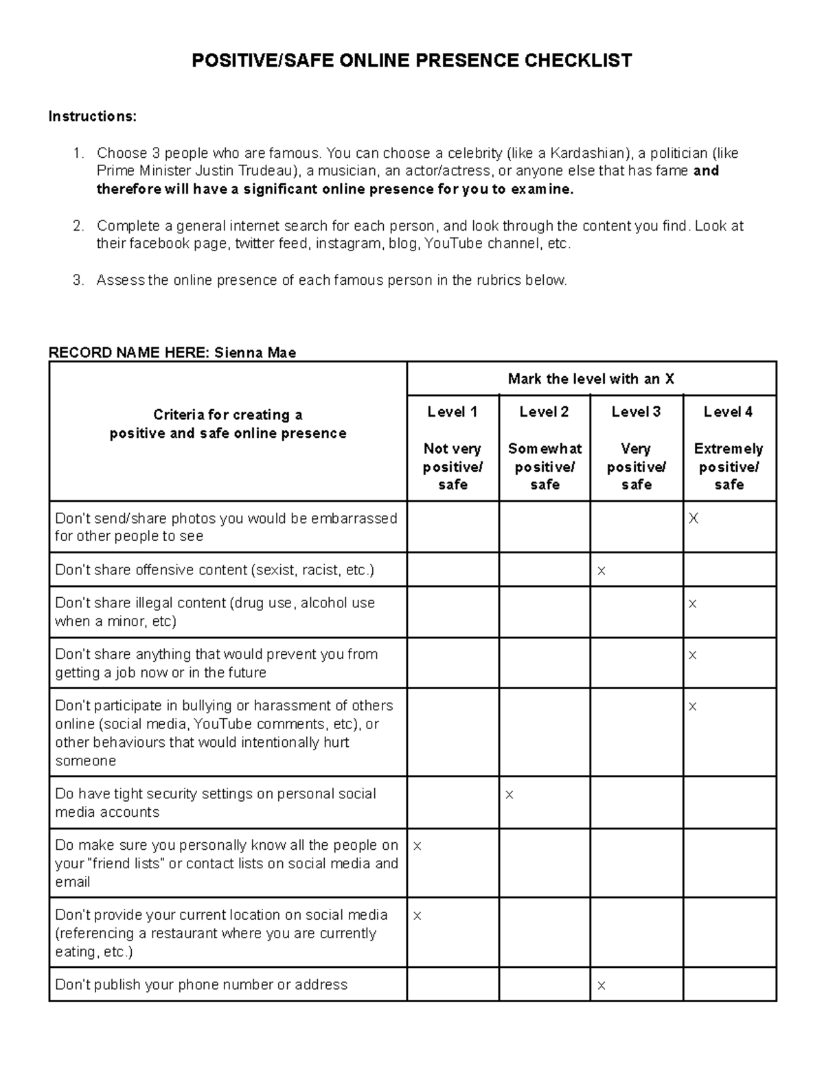 Copy of 07 Activity 1: Digital Literacy - POSITIVE/SAFE ONLINE PRESENCE ...