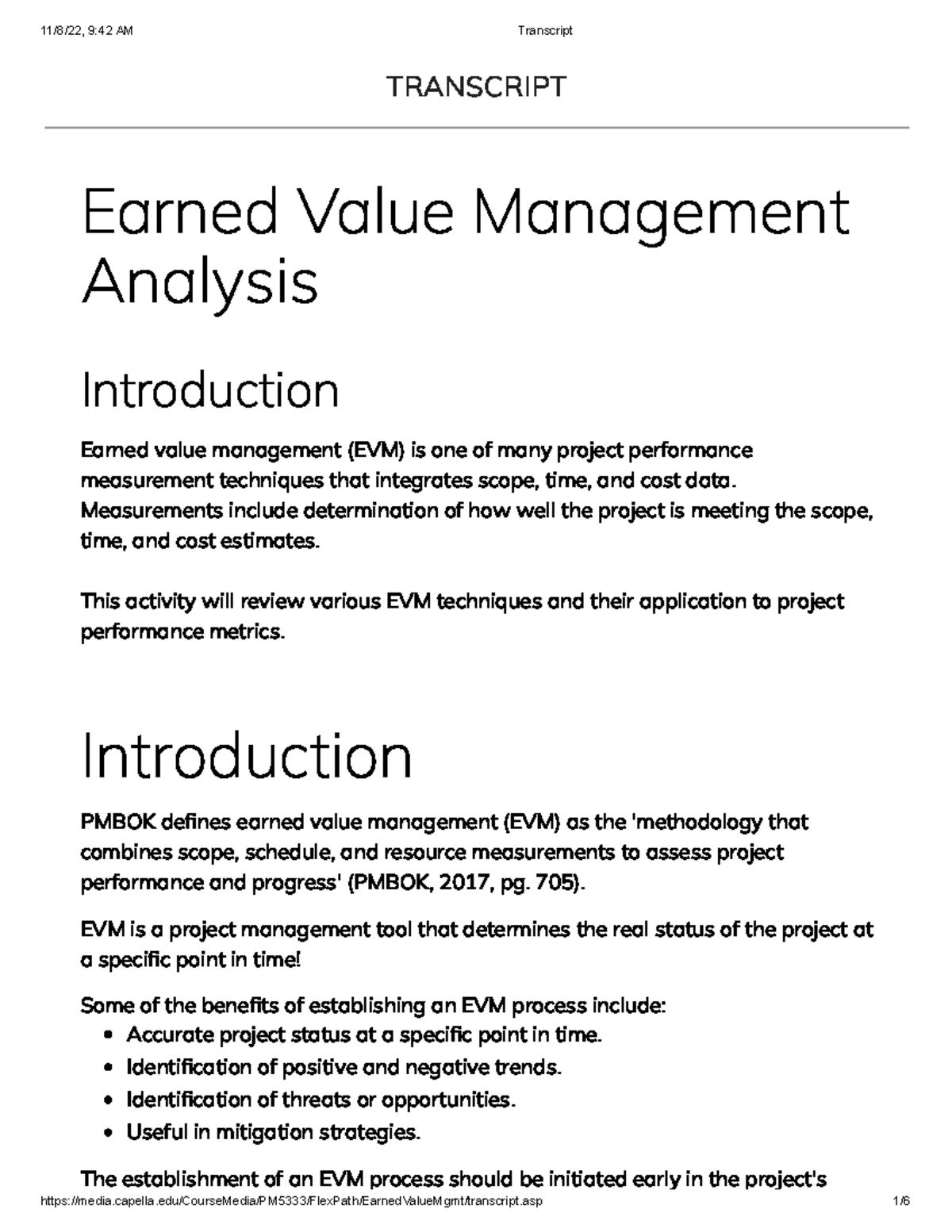 Activity Earned Value Management Analysis - Transcript - TRANSCRIPT ...