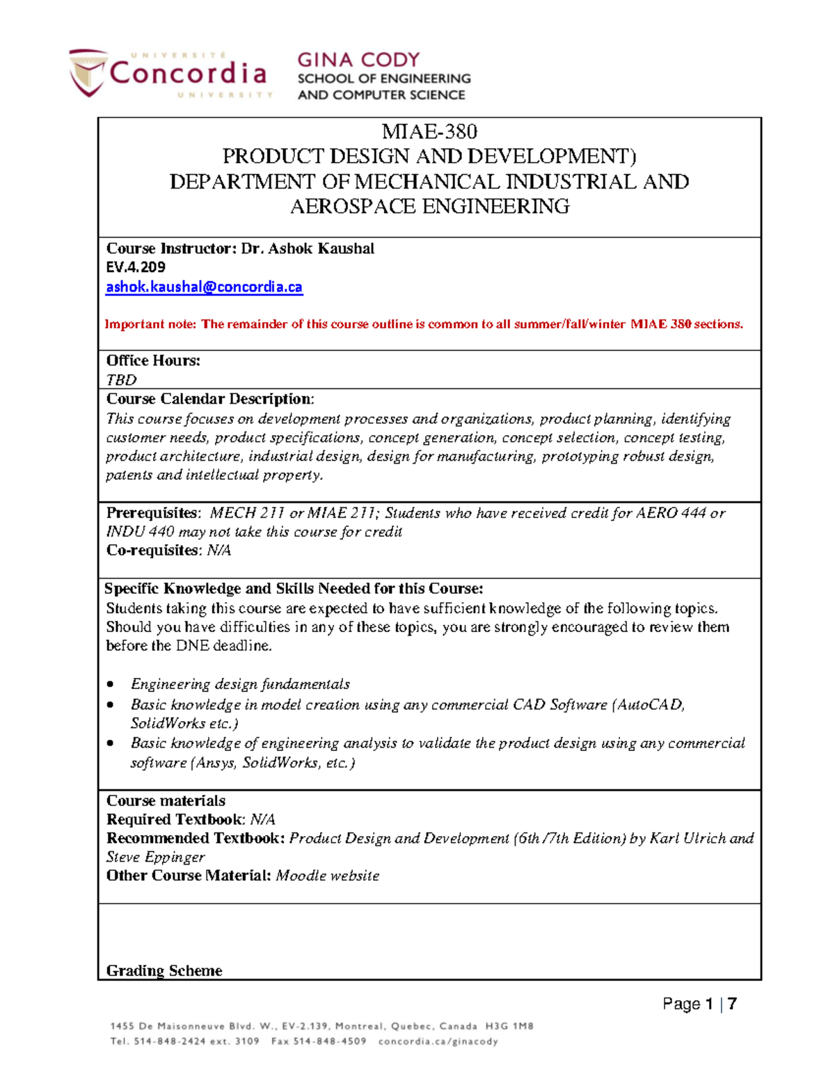 MIAE 380 course outline-2023-2024 - MIAE- 380 PRODUCT DESIGN AND ...