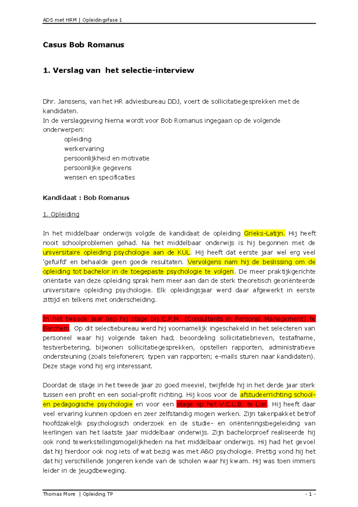 Casus BR - verslag interview en testuitslagen sv - Casus Bob Romanus 1 ...