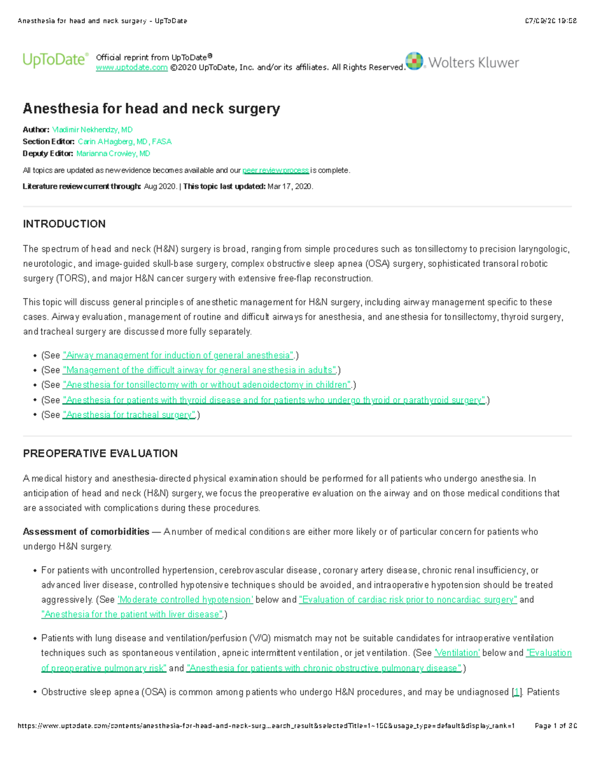 Anesthesia for head and neck surgery - Up To Date - - Studocu