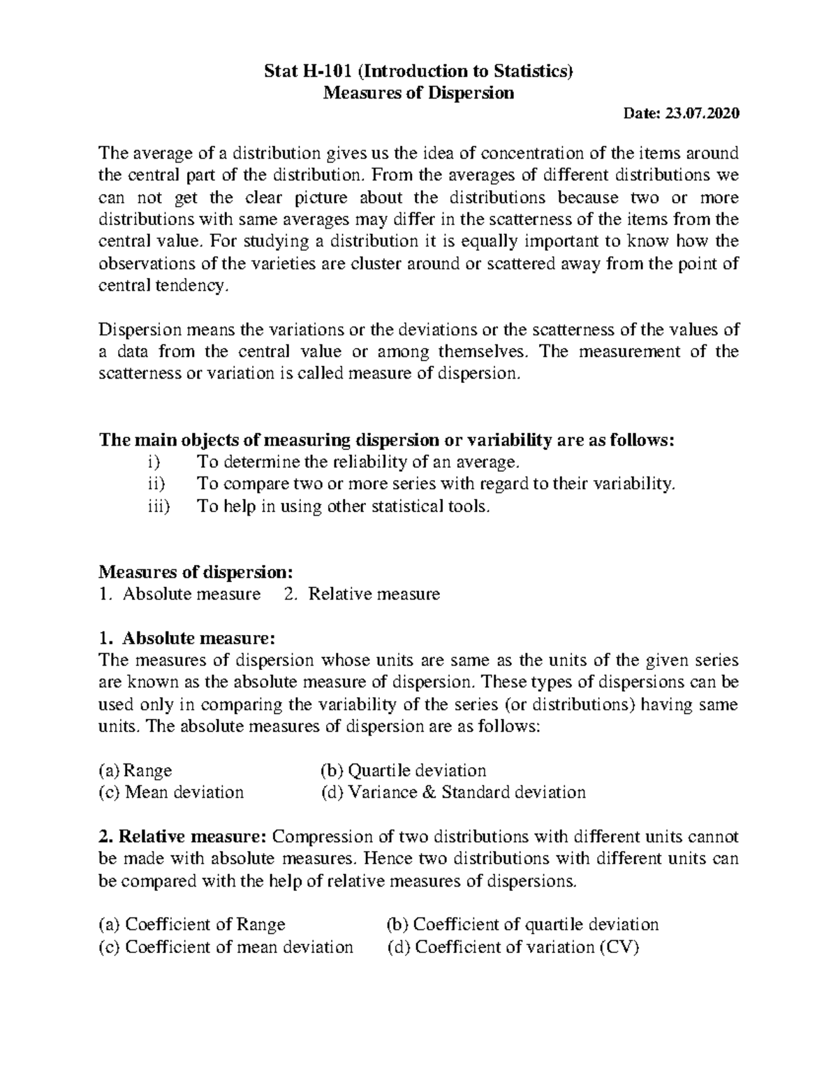 measures of dispersion - Stat H-101 (Introduction to Statistics ...