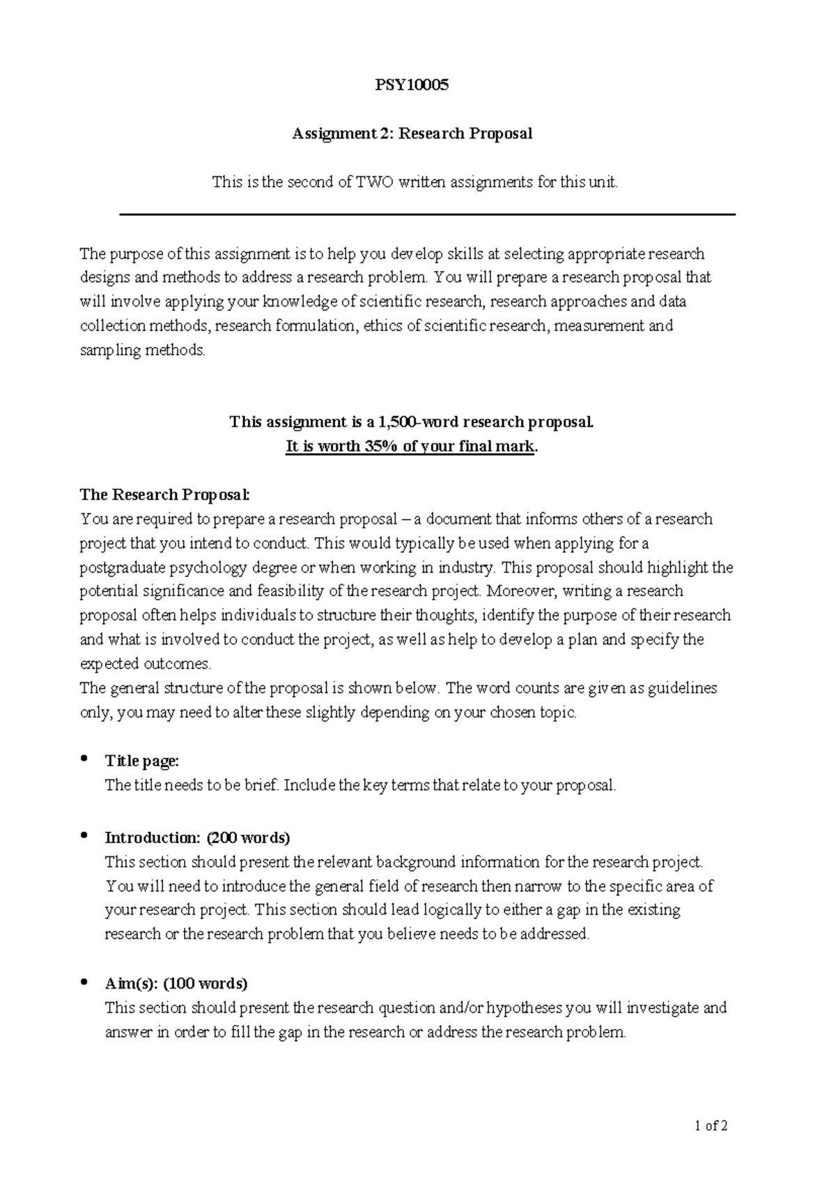 PSY10005 Assignment 2 Instructions - 1 of 2 PSY Assignment 2: Research Proposal This is the ...
