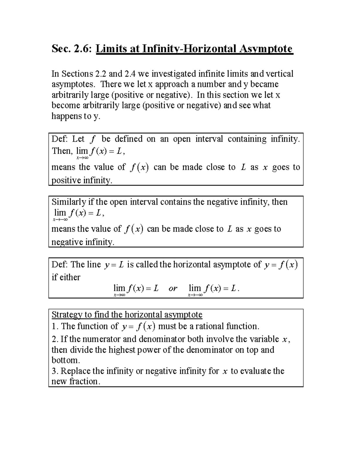 Notes Calculus I Section 2 - Sec. 2: Limits at Infinity-Horizontal ...