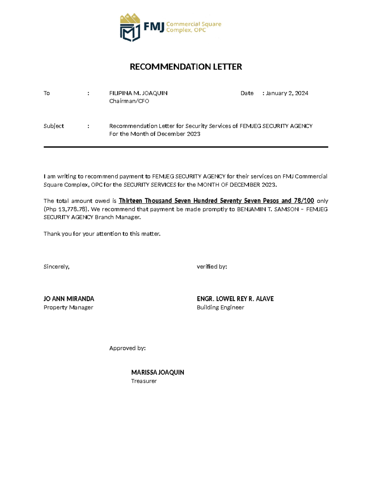 Recommendation letter - RECOMMENDATION LETTER To : FILIPINA M. JOAQUIN ...