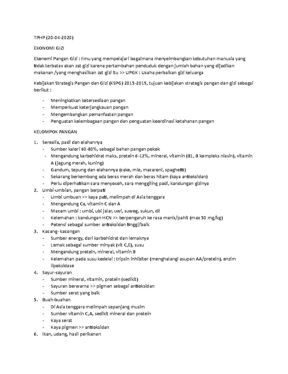 TPHP - ekonomi gizi dan kelompok pangan - TPHP (20-04-2020) EKONOMI ...